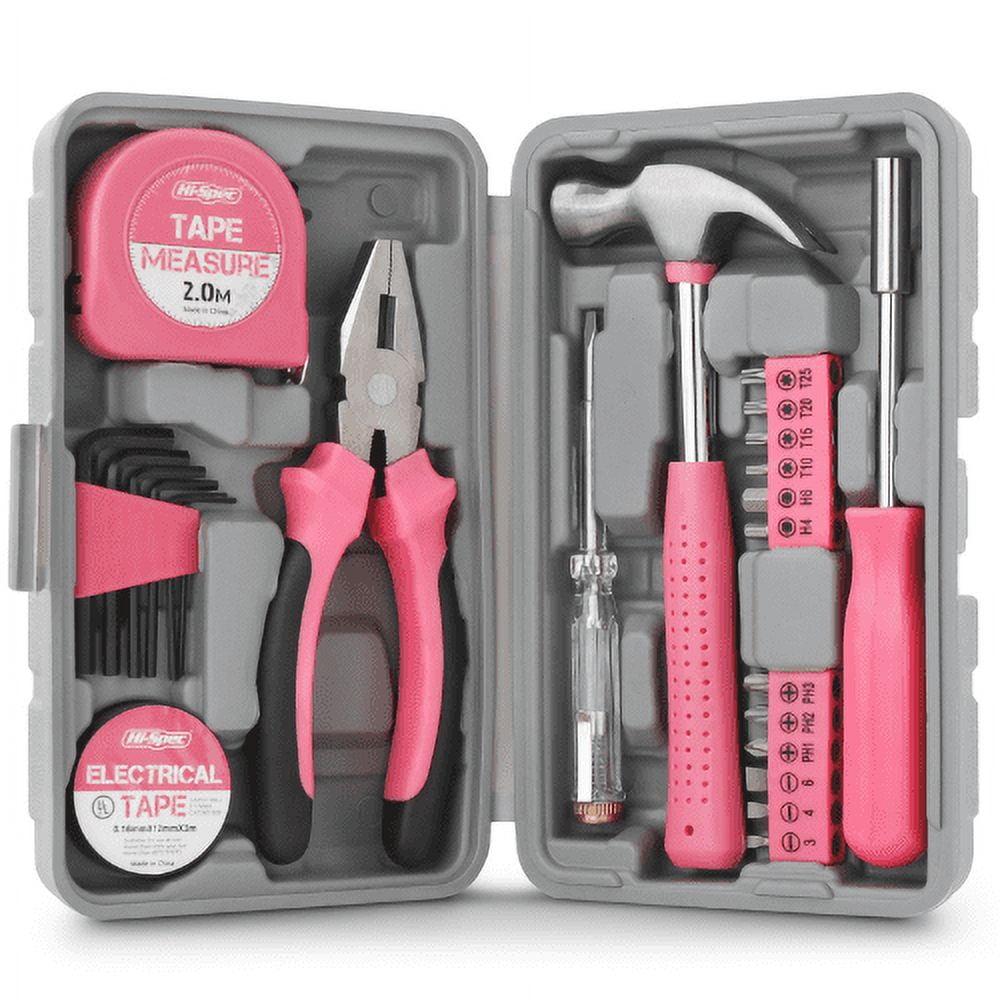 HiSpec 24pc Pink Small Basic Home DIY Tool Box Kit, Household, Office, Women Compact Set ...