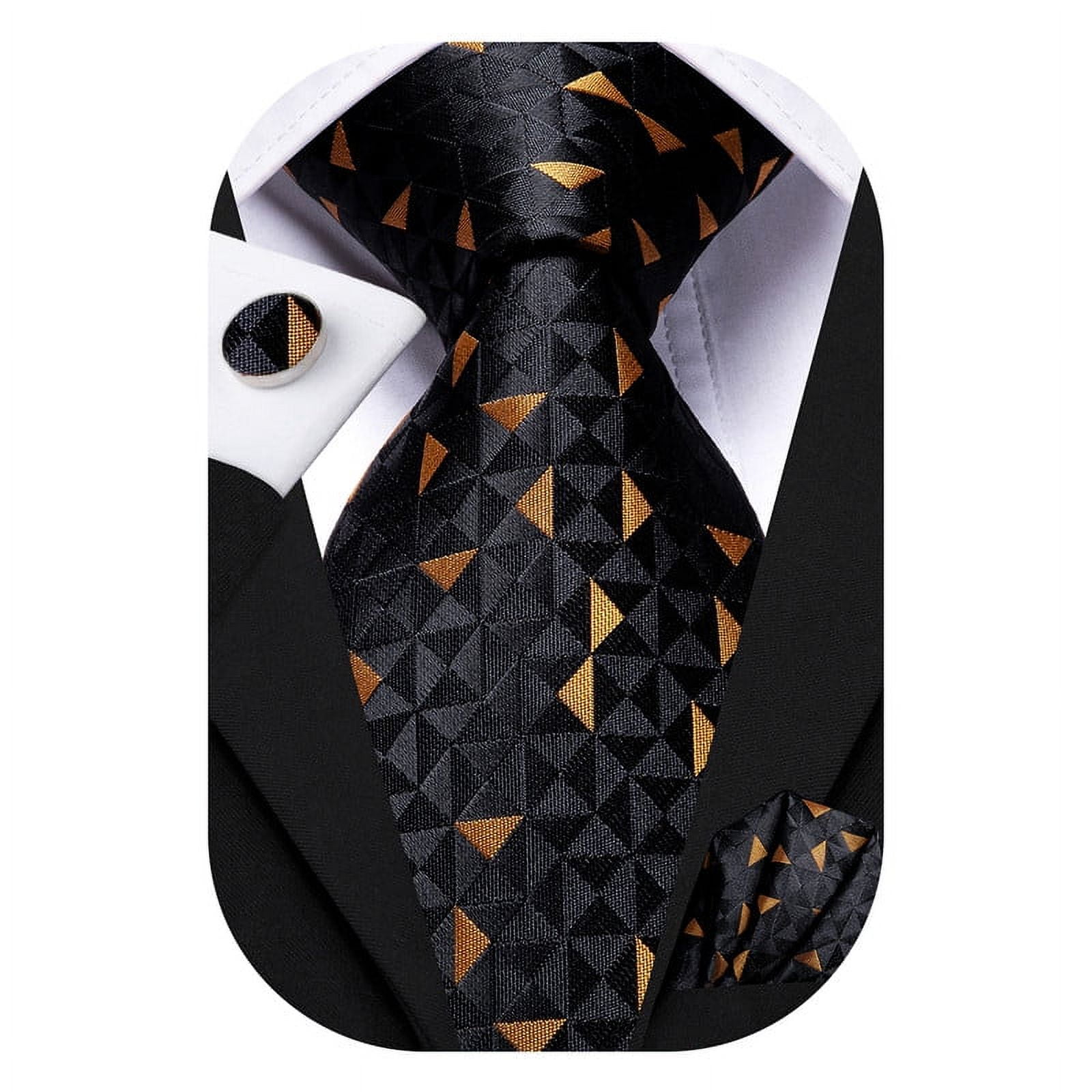 Hi-Tie Black Gold Plaid Tie for Men Silk Necktie Pocket Square ...