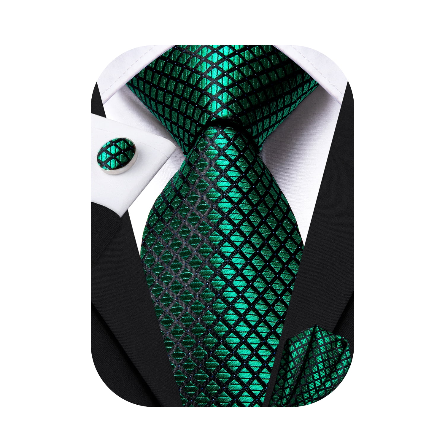 Hi-Tie Emerald Green Necktie Set, Silk Plaid Tie, Handkerchief and Cufflinks, 59.06 - Walmart.com