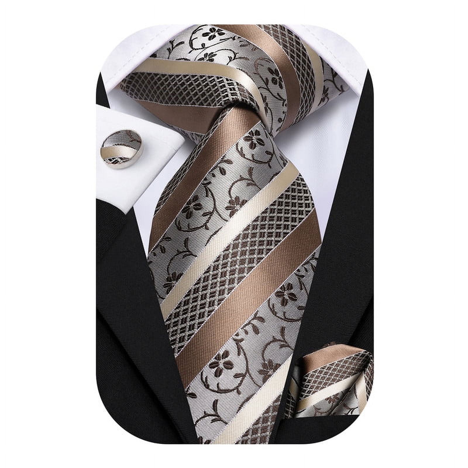 Hi-Tie Men Champagne Stripe Silk Tie Set, Includes Necktie, Pocket ...