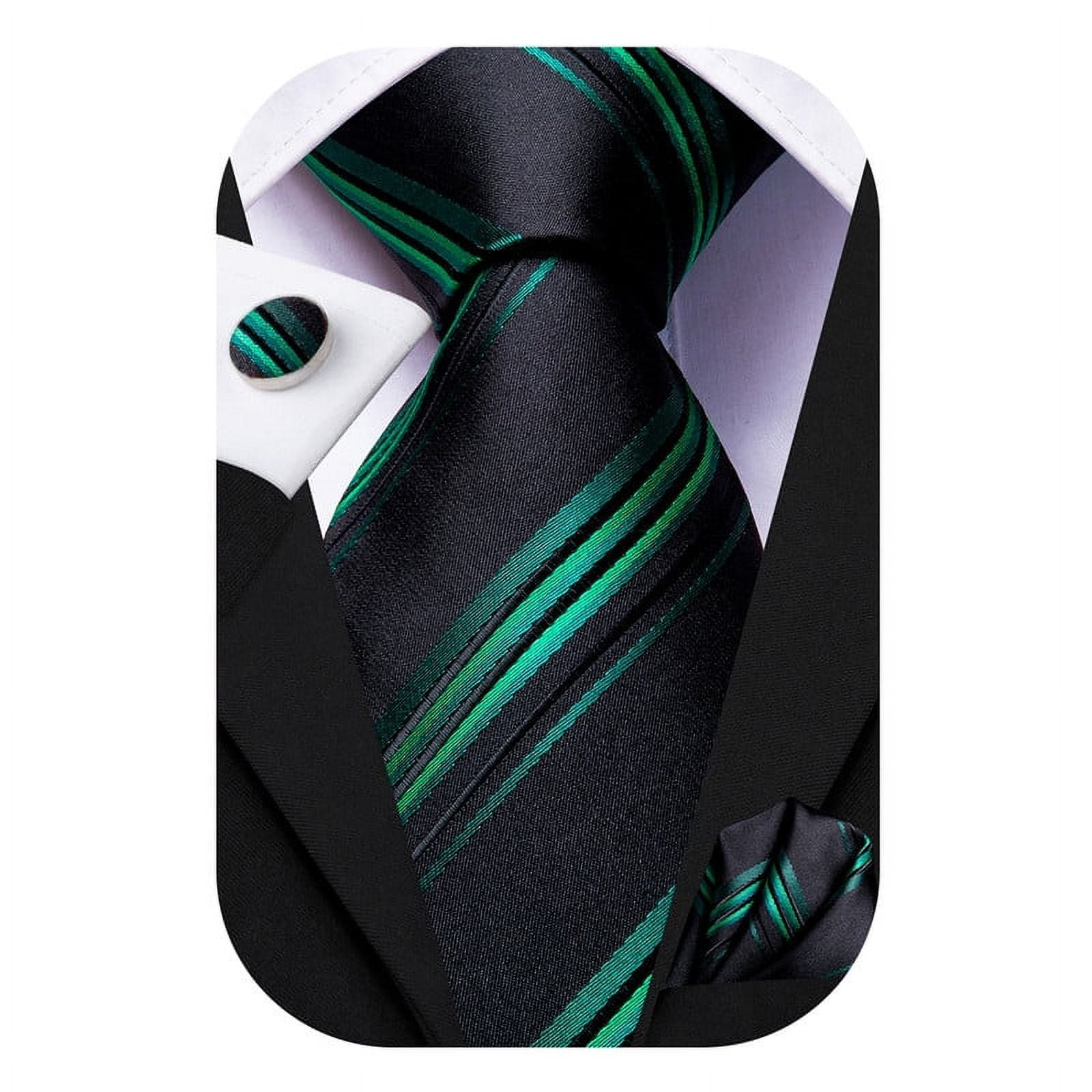 Hi-Tie Men's Black Green Stripe Tie Set Silk Necktie Handkerchief ...