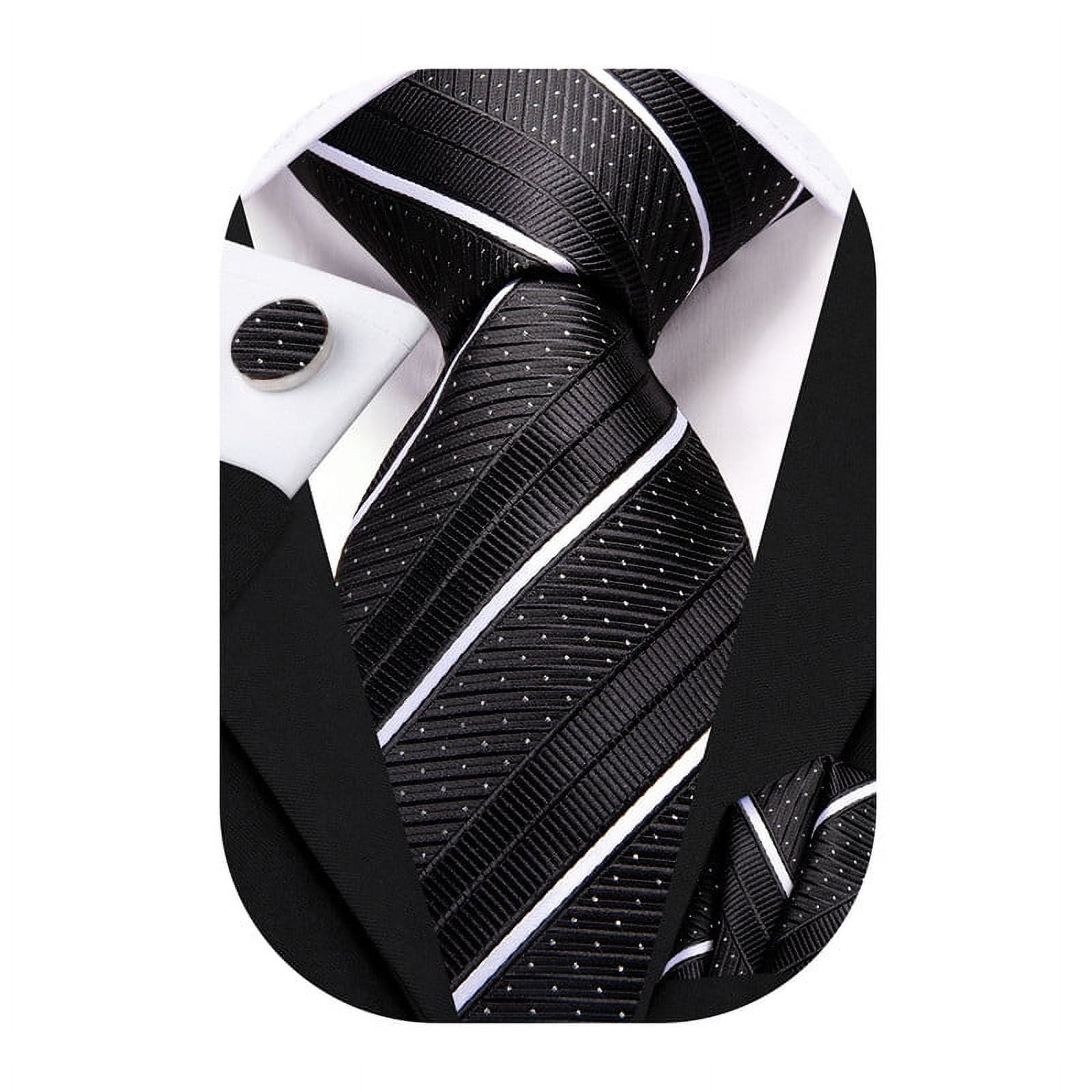Hi-Tie Mens Black White Stripe Necktie Sets Jaquard Silk Tie and Pocket ...