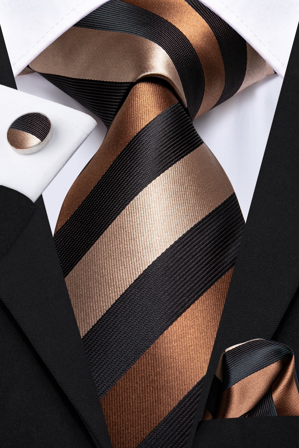Hi-Tie Men's Long Floral Necktie Set with Brown and Black Stripes, Silk ...