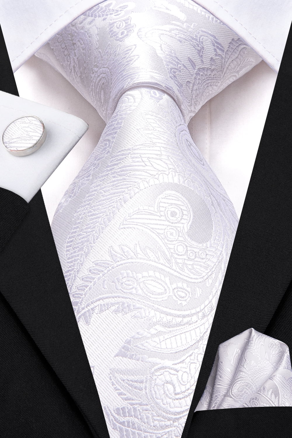 Hi-Tie Mens Silk White Paisley Necktie and Handkerchief Cufflinks Set ...