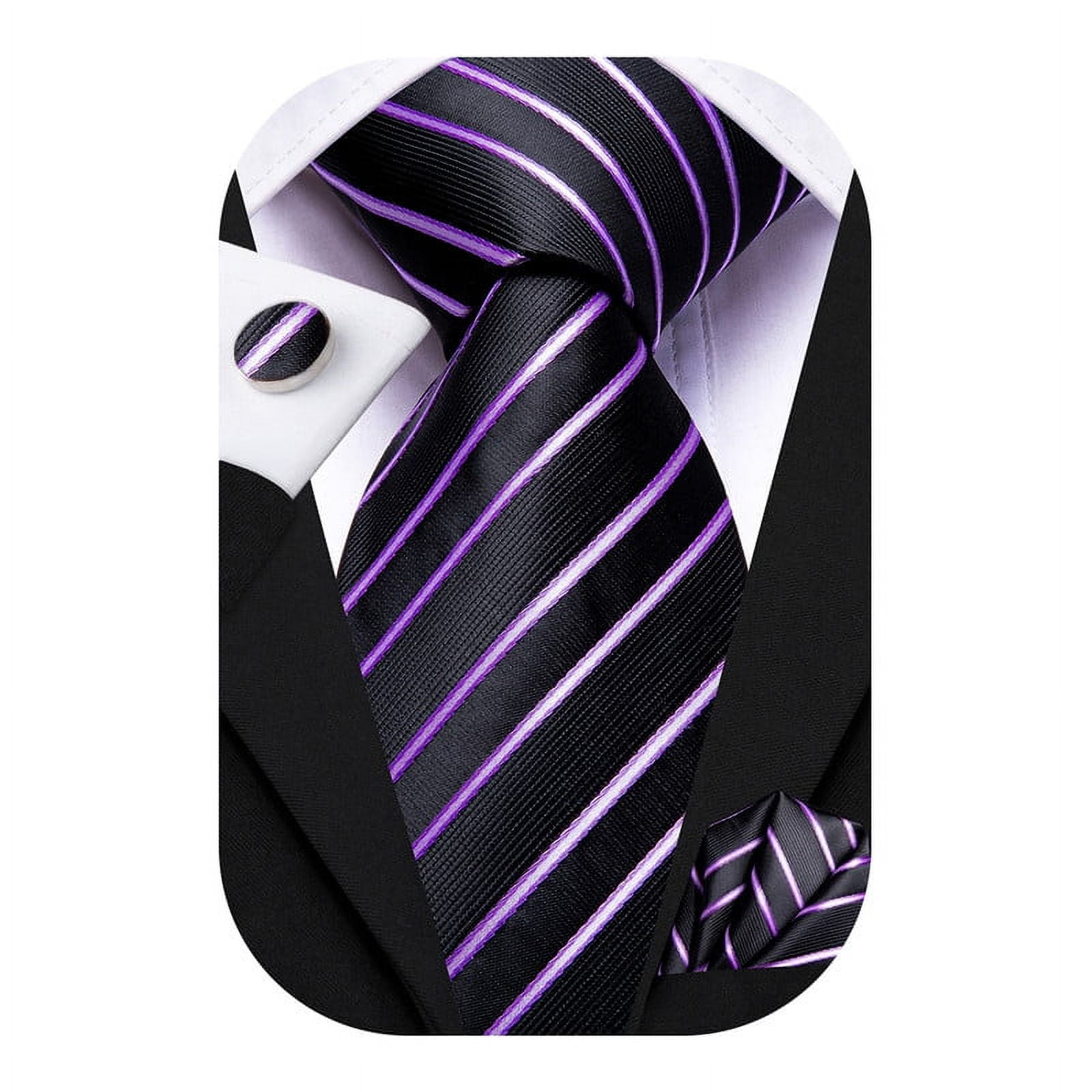 Hi-Tie Mens Stripe Silk Tie Black Purple Business Necktie and Pocket ...