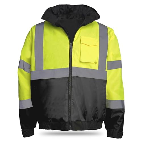 Hi-Vis Bomber Jacket, Rated ANSI Class 3 Safety Jacket with Black ...
