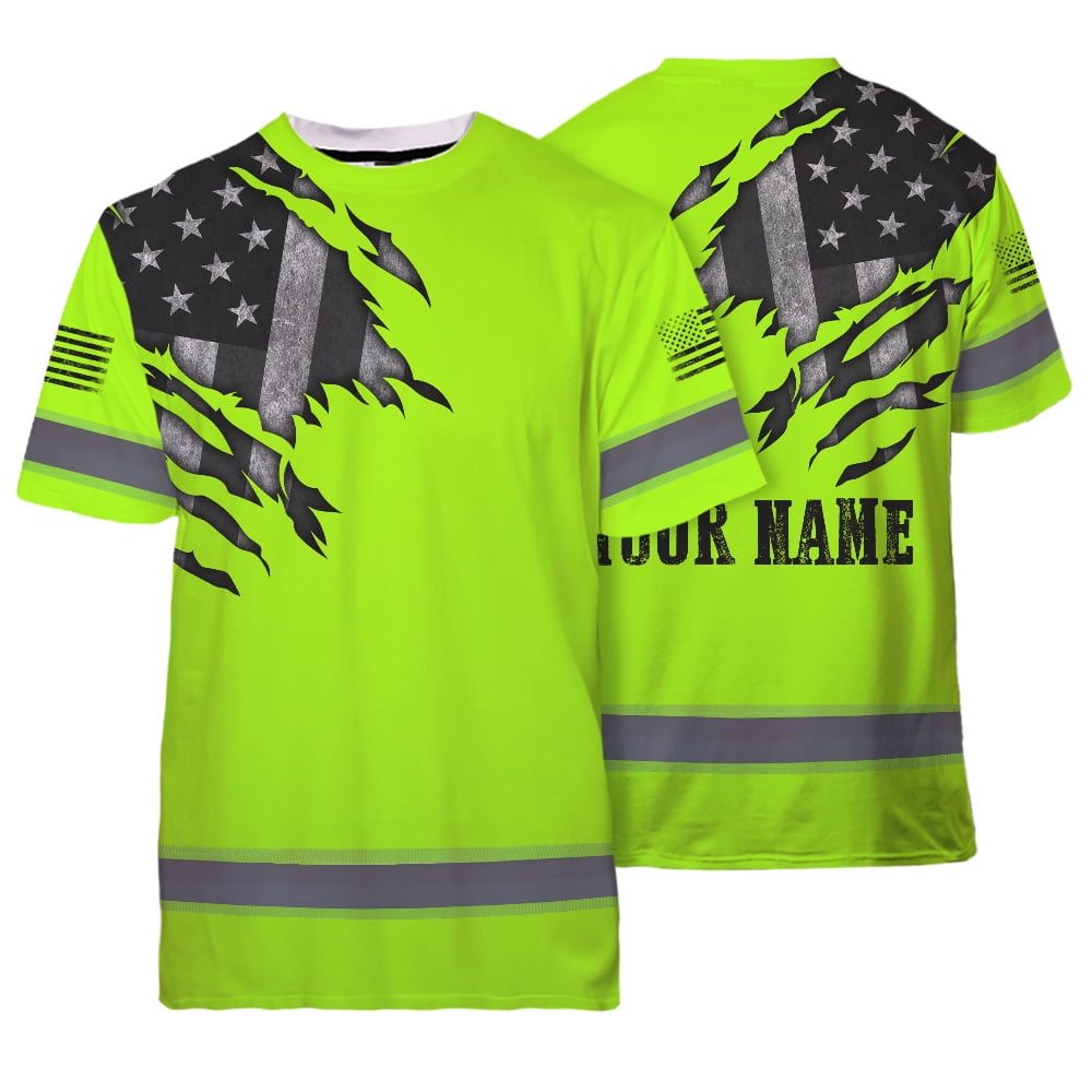 Hi Vis Shirt Reflective Scratch Green Neon US Flag Custom Name Safety ...