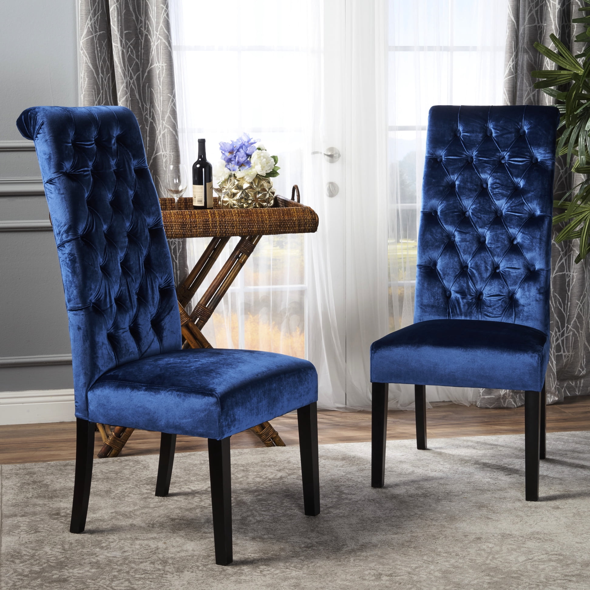 Hi-back Kd Dining Chair (2 Pieces) - Navy Velvet Back Chairs Birch Wood ...