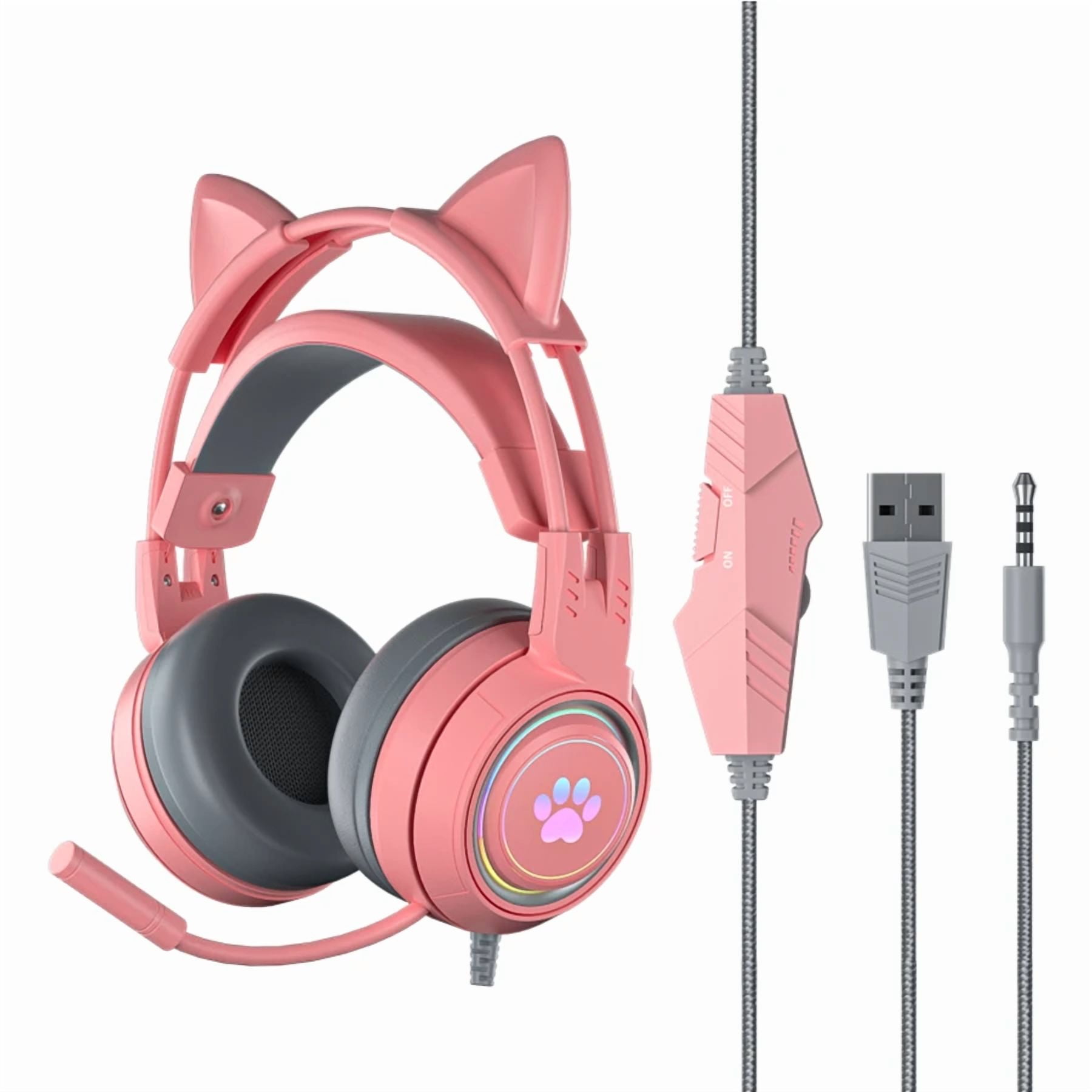 HiFi Stereo PC Headset Gamer Girls Pink Cat Headphones with Microphone ...