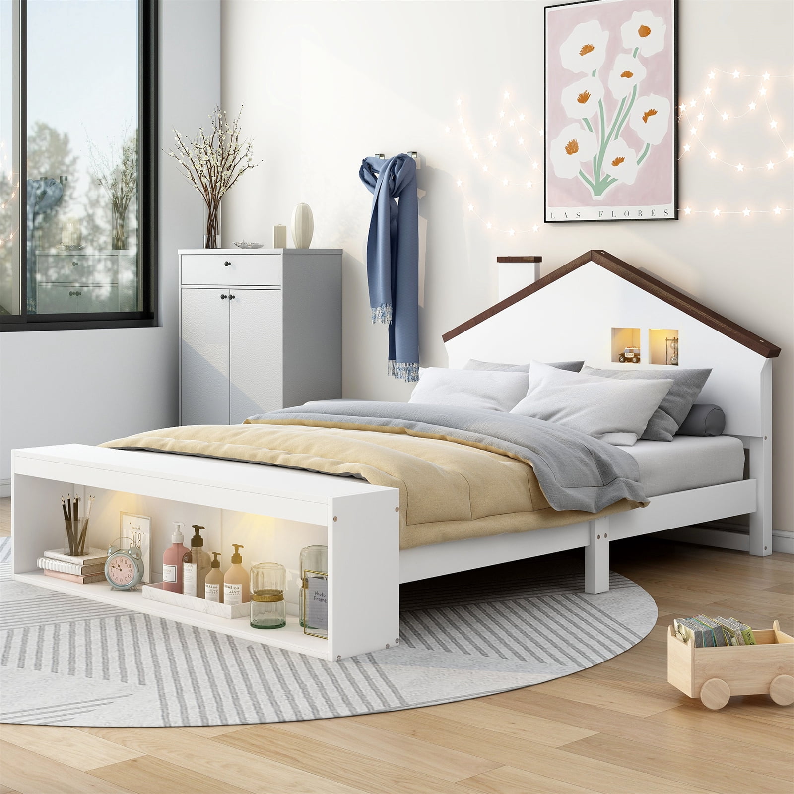 HiMiss House Platform Bed with Chimney Built-in Window Pine Wood MDF ...