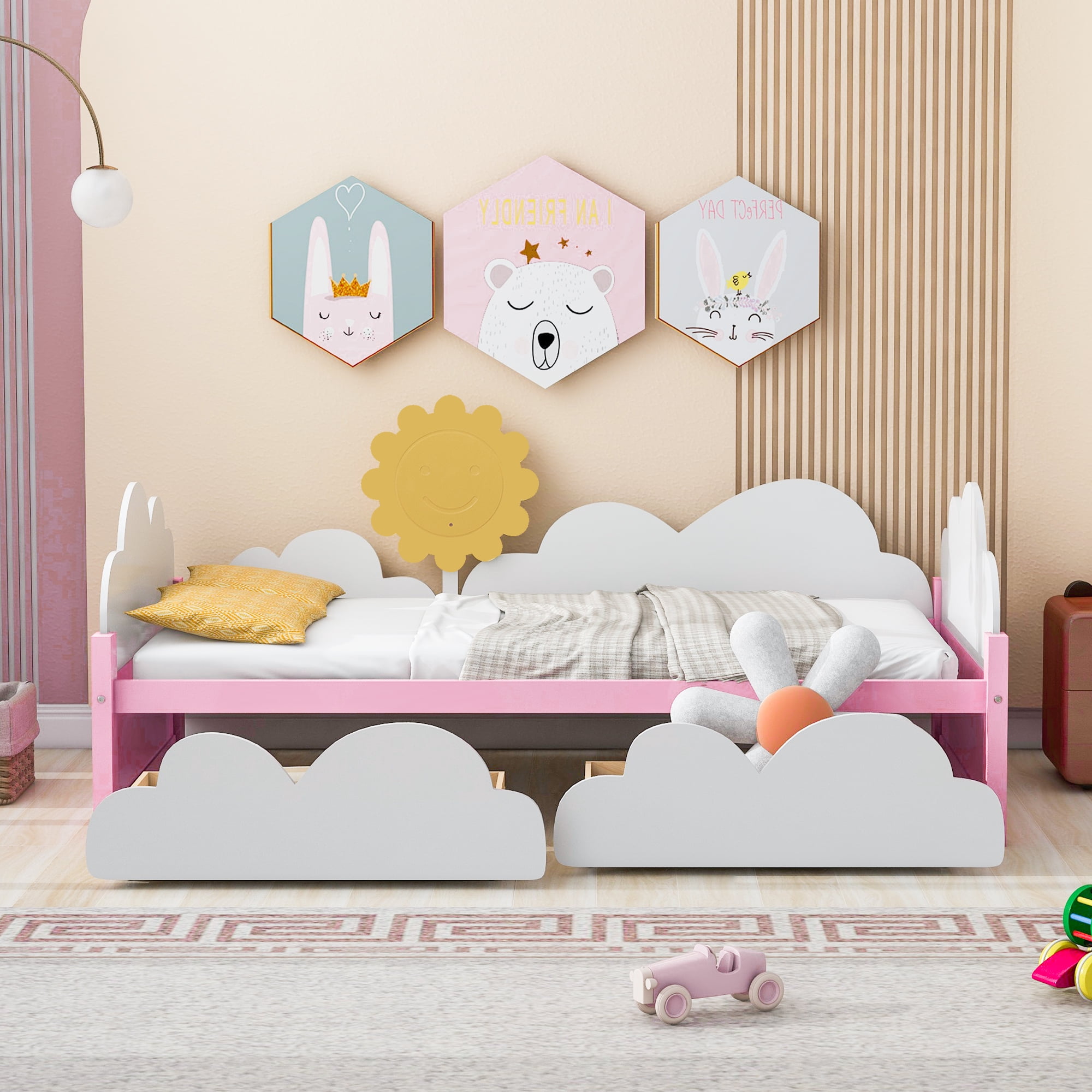 HiMiss Kids Cartoon Bed Frame with 8 Solid Wood Slats 2 Drawers Twin ...