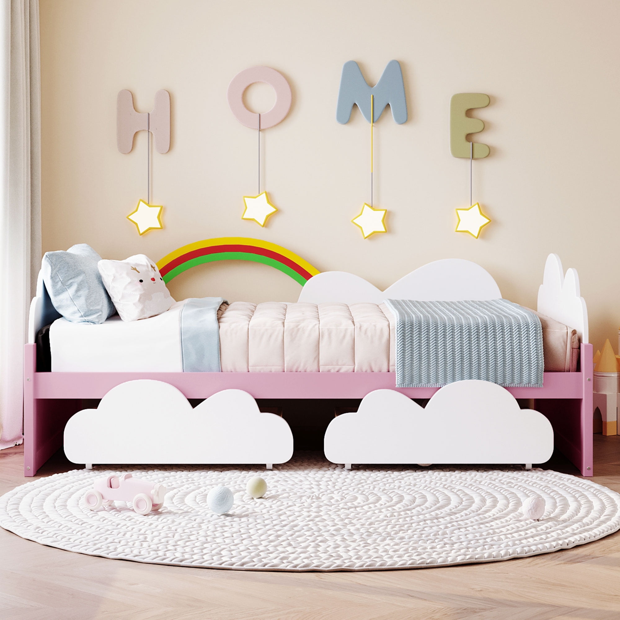 HiMiss Kids Cartoon Bed Frame with 8 Solid Wood Slats 2 Drawers Twin ...