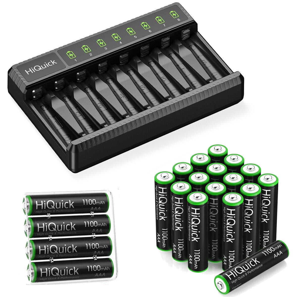 HiQuick (20 Pack) Rechargeable AAA Batteries 1.2V Ni-MH 1100Mah with 8 ...