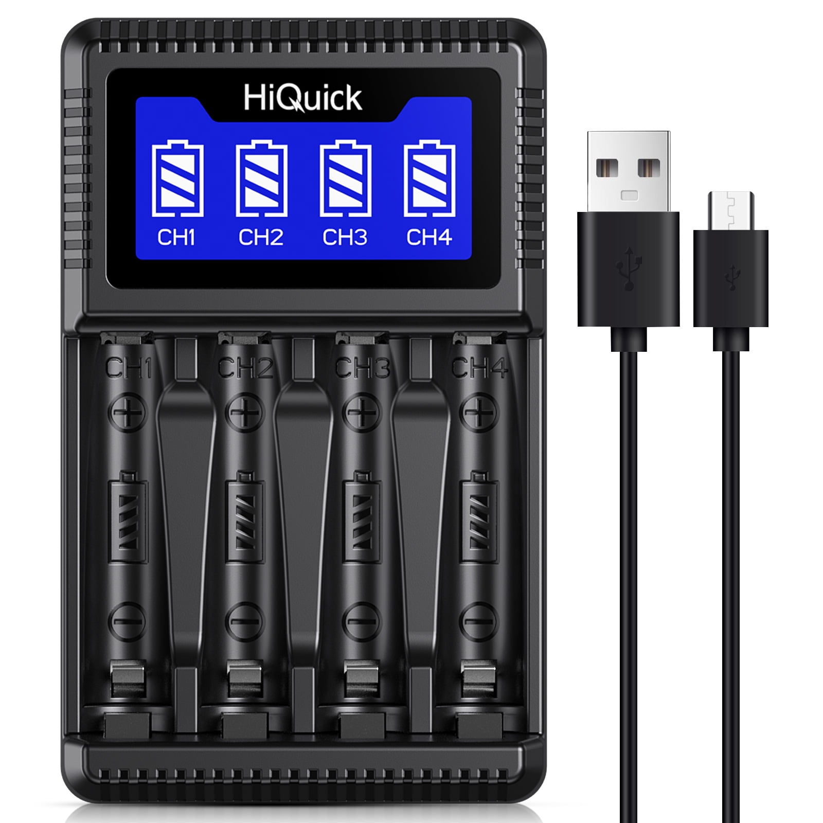 HiQuick 4 Bay AA AAA Battery Charger, USB Input Fast Charging and ...