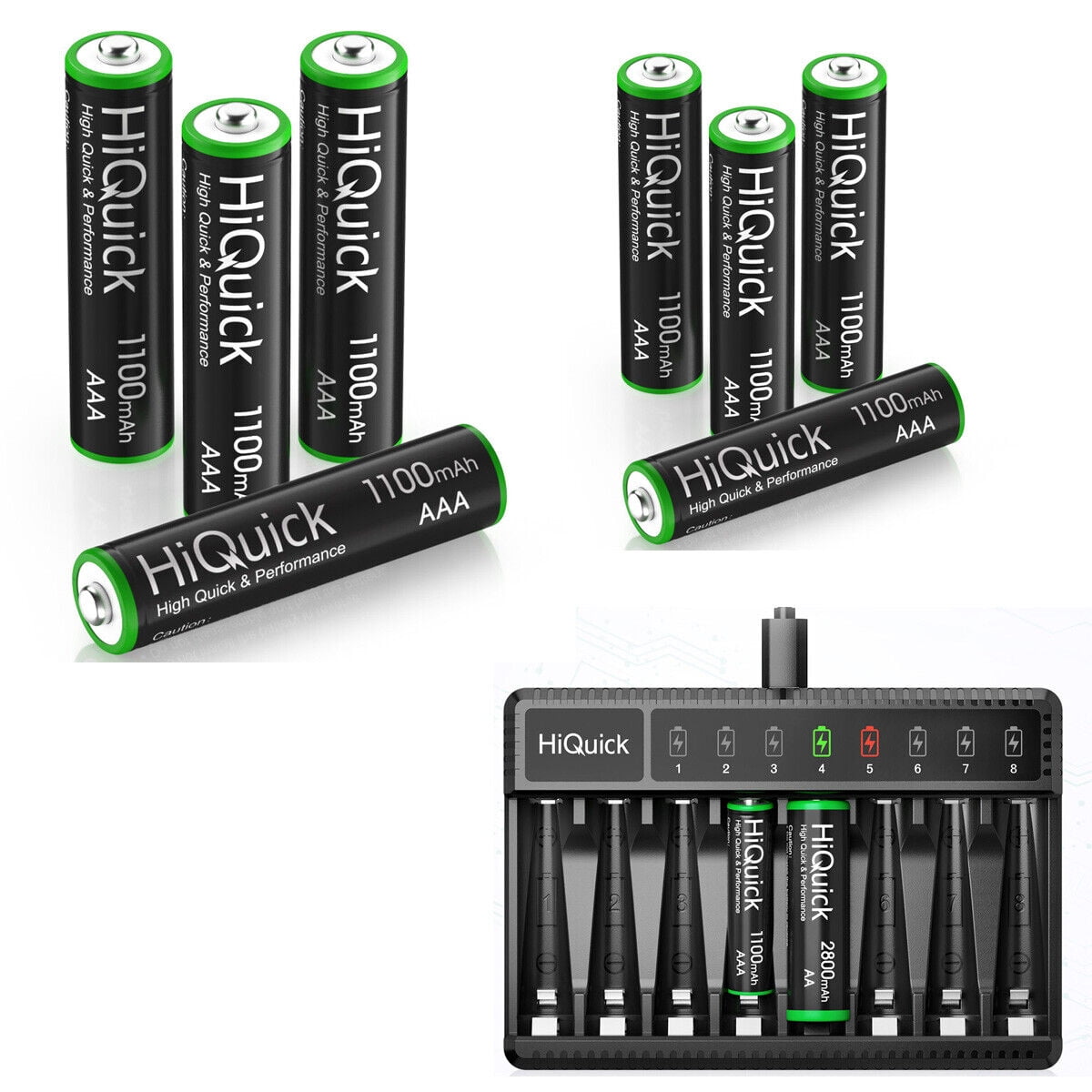HiQuick Pre-Charged 8Pcs 1100mAh AAA Rechargeable Batteries and 8-Bay ...