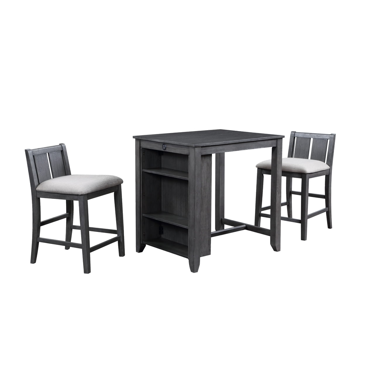 Hia 3 Piece Counter Table Set Cushioned Seats 2 Shelves Smooth Gray ...