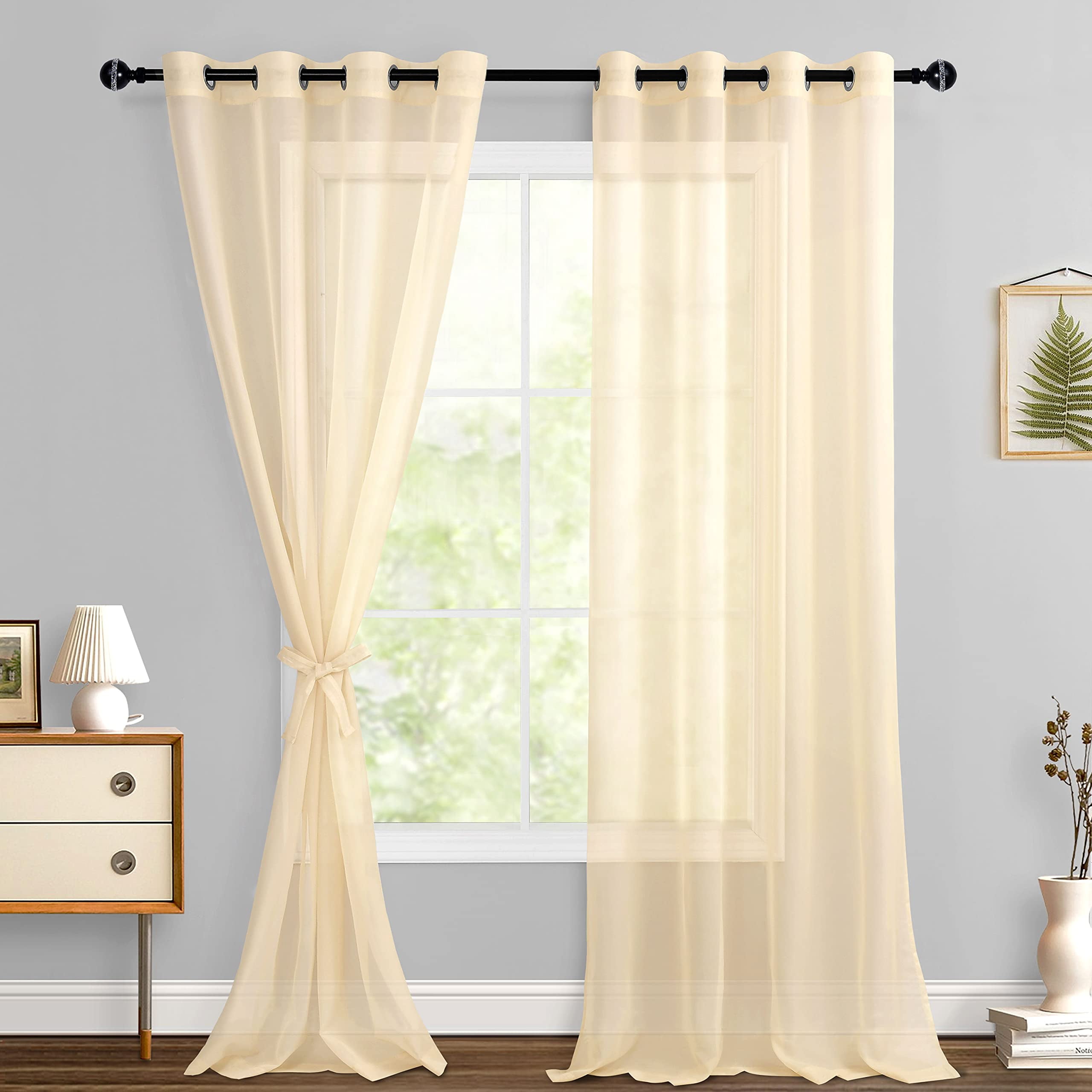 Hiasan Beige Sheer Curtains with Tiebacks-Light Filtering Contemporary ...