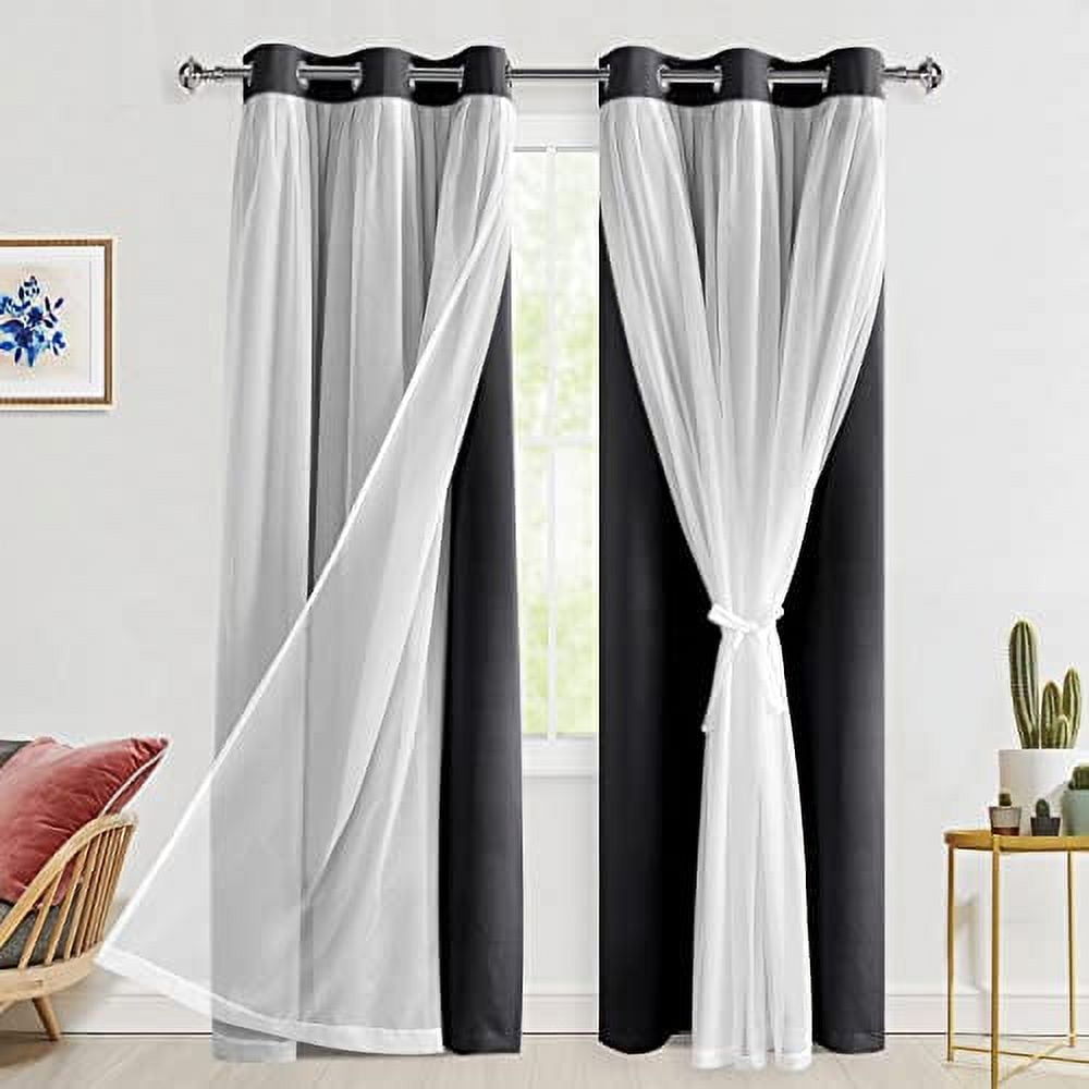 Hiasan Black Blackout Curtains with Sheer 84 Inches Long, Thermal ...