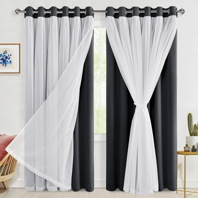 Hiasan Black Blackout Curtains with Sheer Overlay, Grommet Thermal ...