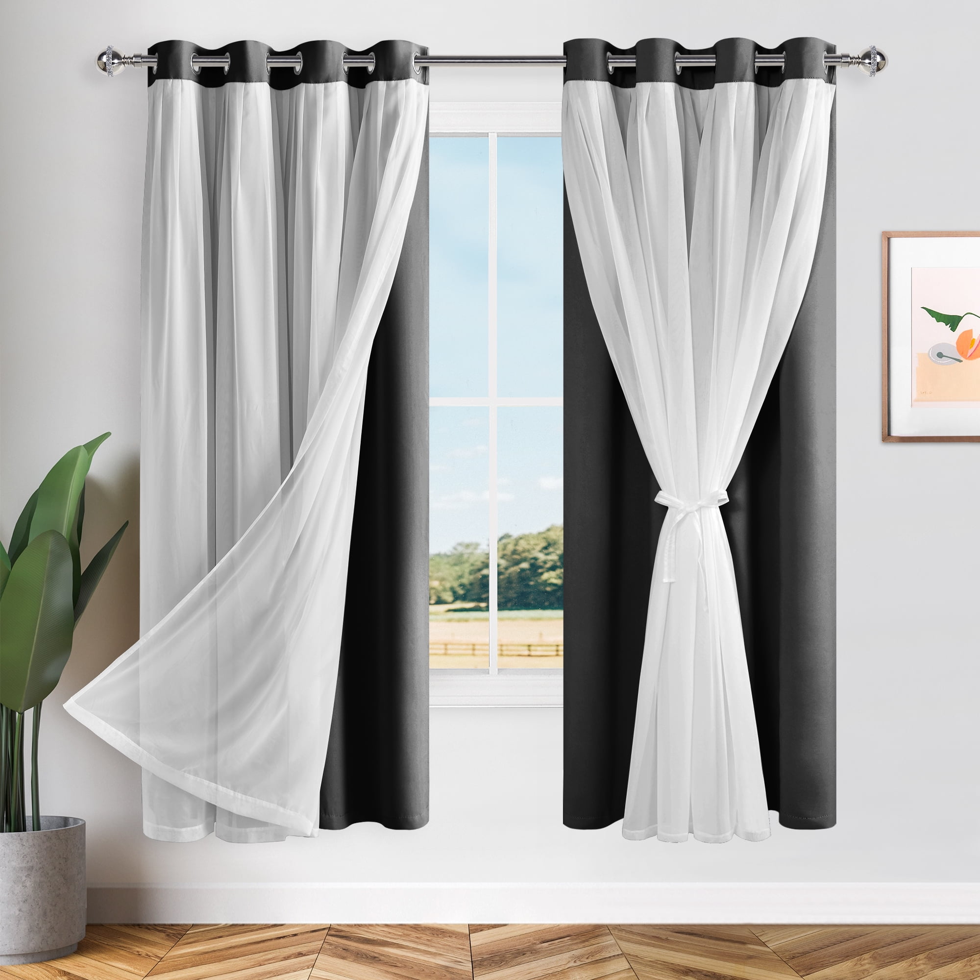 Hiasan Black Blackout Curtains with Sheer Overlay, Thermal Insulated ...