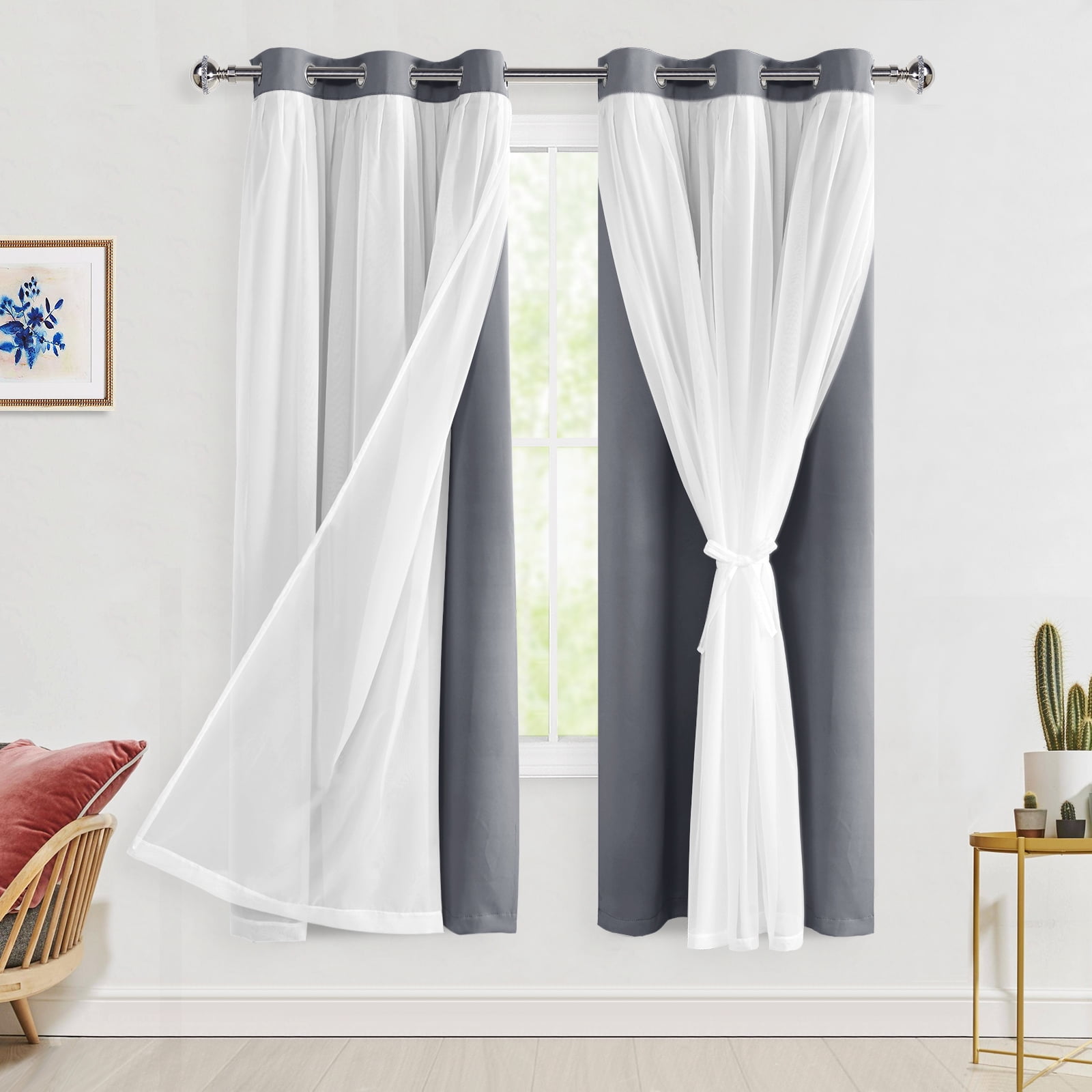 Hiasan Thermal Insulated Blackout Curtains with Sheer Overlay, 2 Panels ...