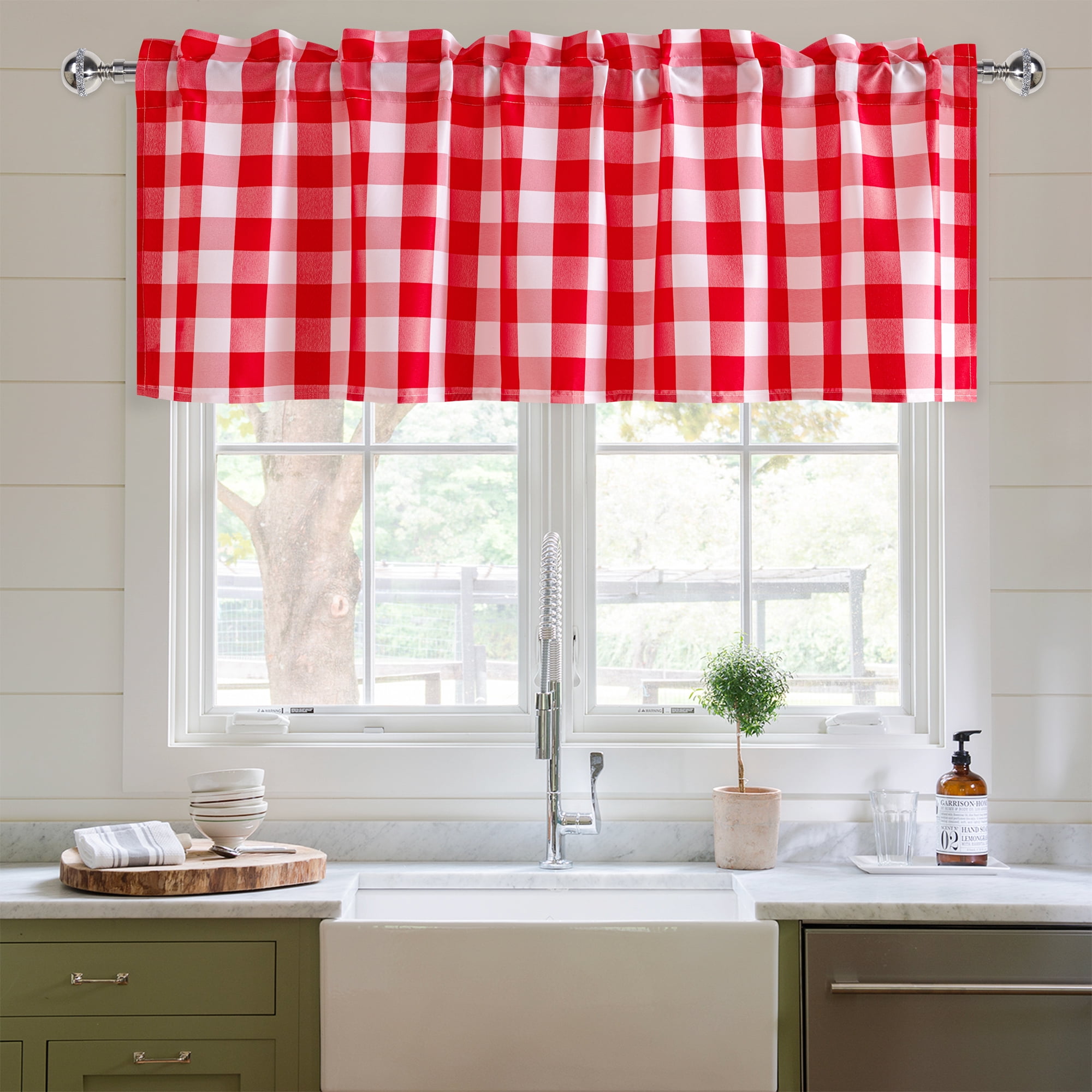 Hiasan Red and White Buffalo Plaid Kitchen Valance Curtains, - Semi ...