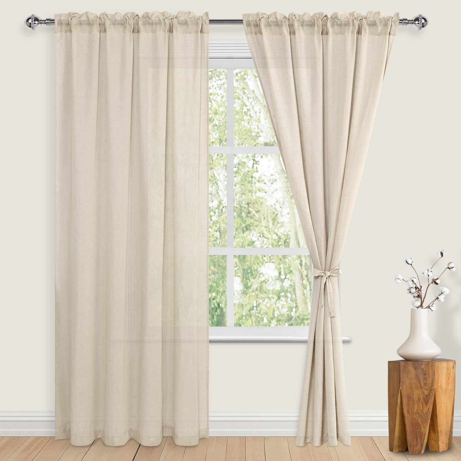 Hiasan Butter Rod Pocket Linen Sheer Curtains With Tiebacks, Textured ...