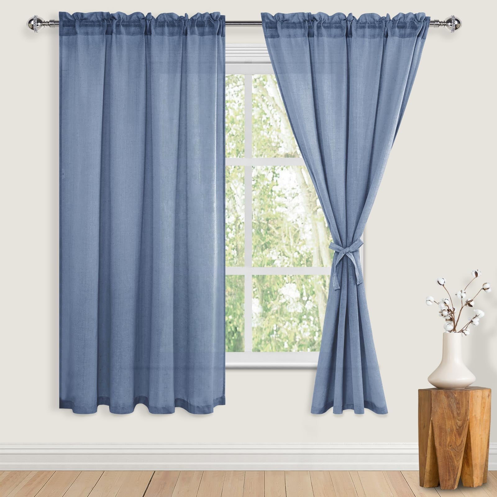 Hiasan Denim Rod Pocket Linen Sheer Curtains With Tiebacks, Textured ...