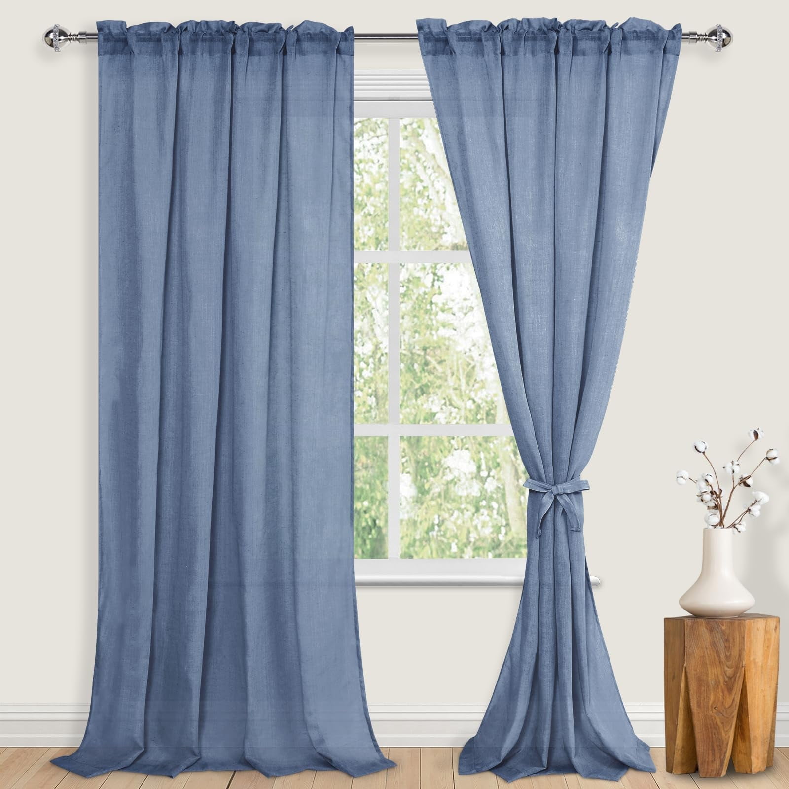 Hiasan Denim Rod Pocket Linen Sheer Curtains With Tiebacks, Textured ...