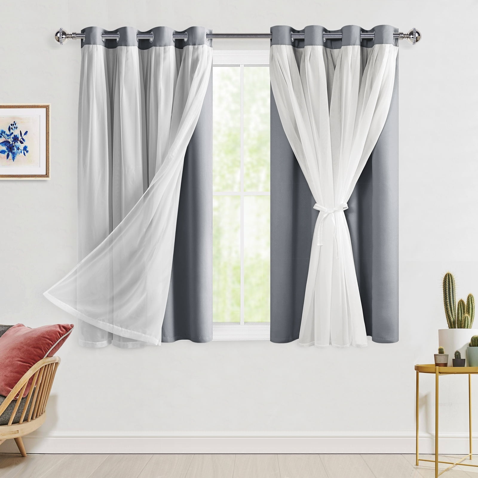 Hiasan Grey Blackout Curtains with Sheer Overlay, Grommet, Thermal ...