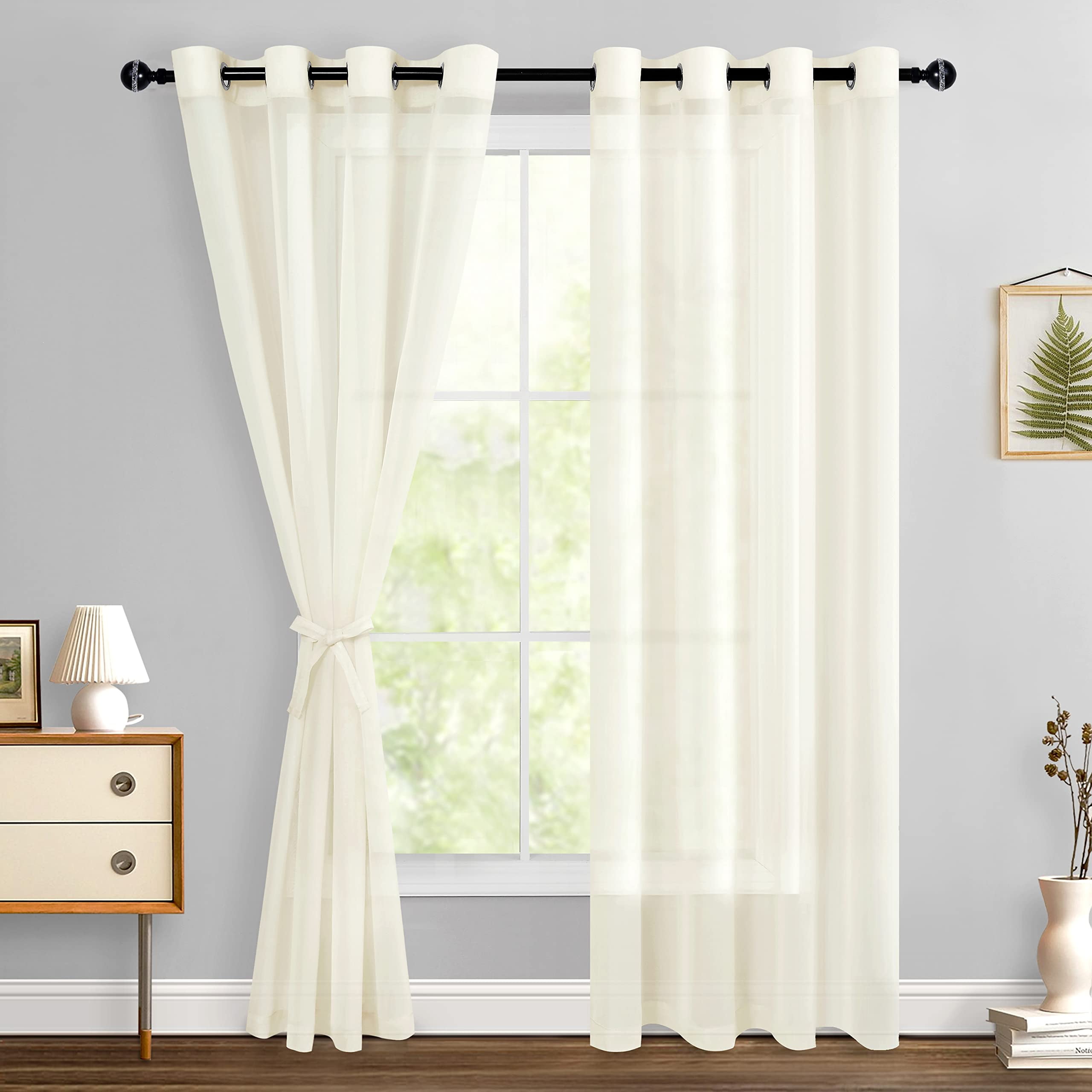 Hiasan Ivory Light Filtering Sheer Curtains With Tiebacks, Lightweight ...