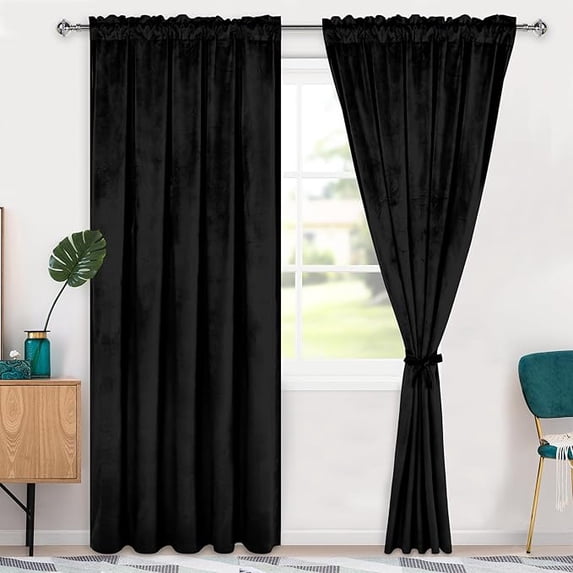 Hiasan Luxury Black Velvet Curtain with Tiebacks-Blackout Curtains for ...