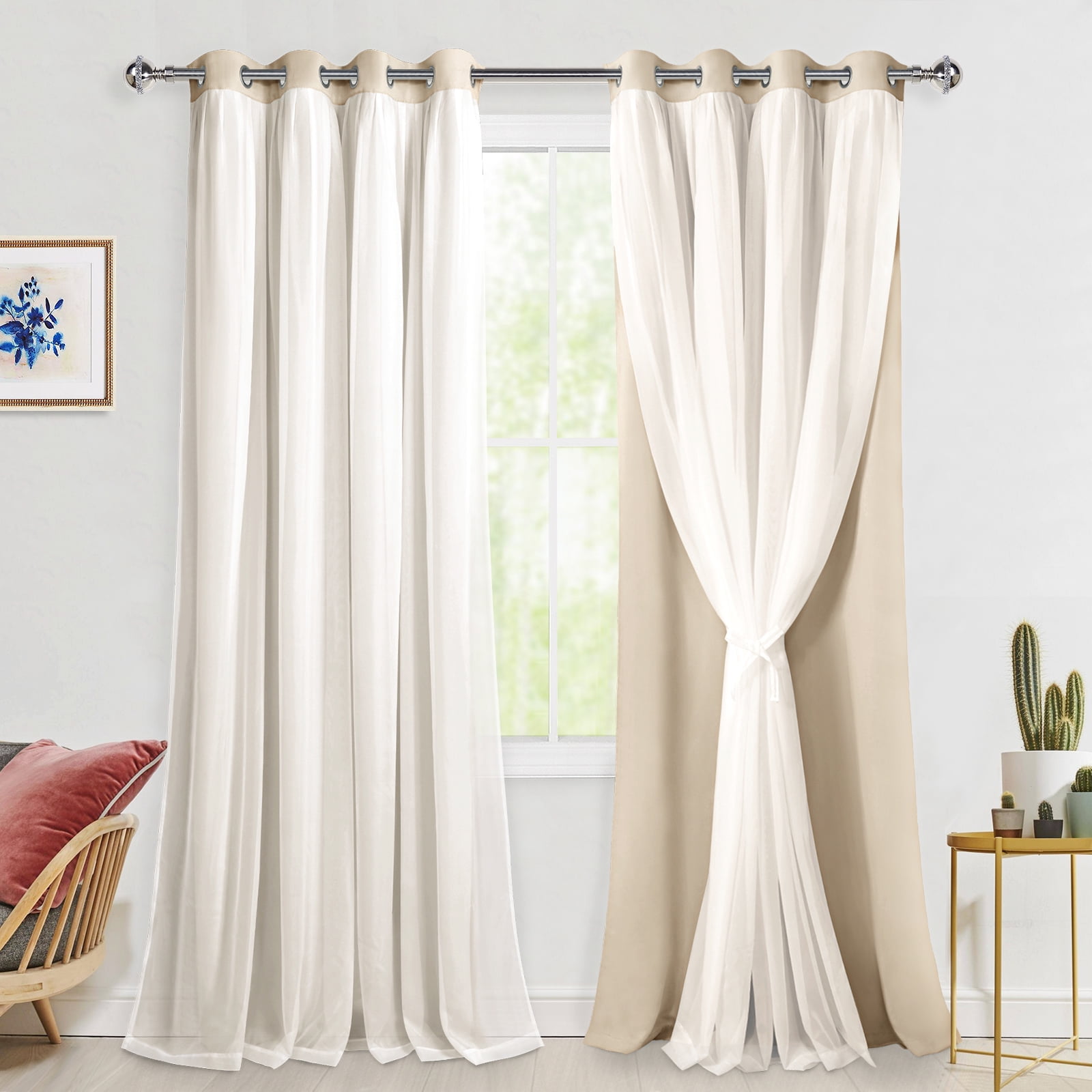 Hiasan Privacy Beige Blackout Curtains, Solid Print Sheer Overlay, 52 ...