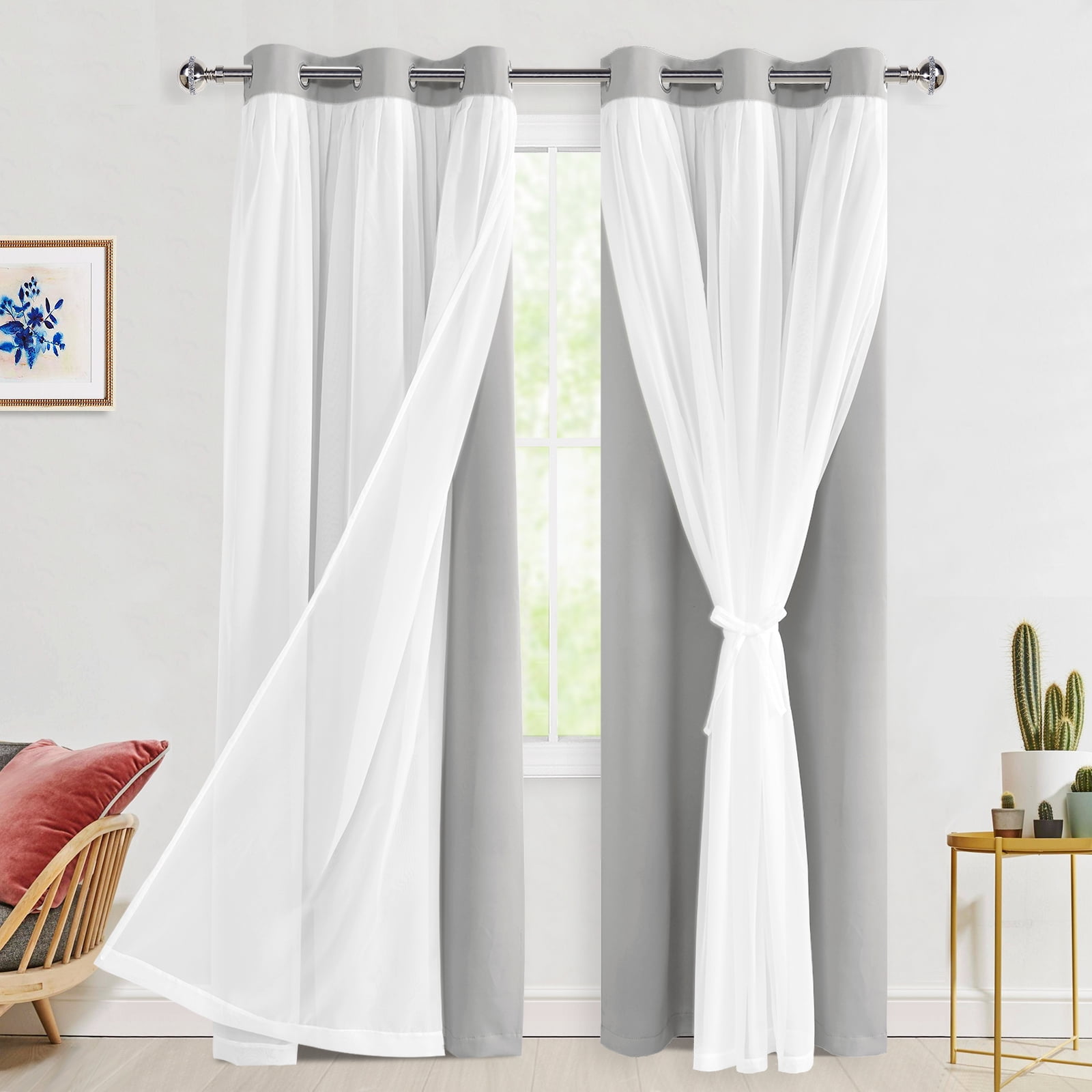 Hiasan Silver Grey Blackout Curtains with Sheer 84 Inches Long, Thermal ...