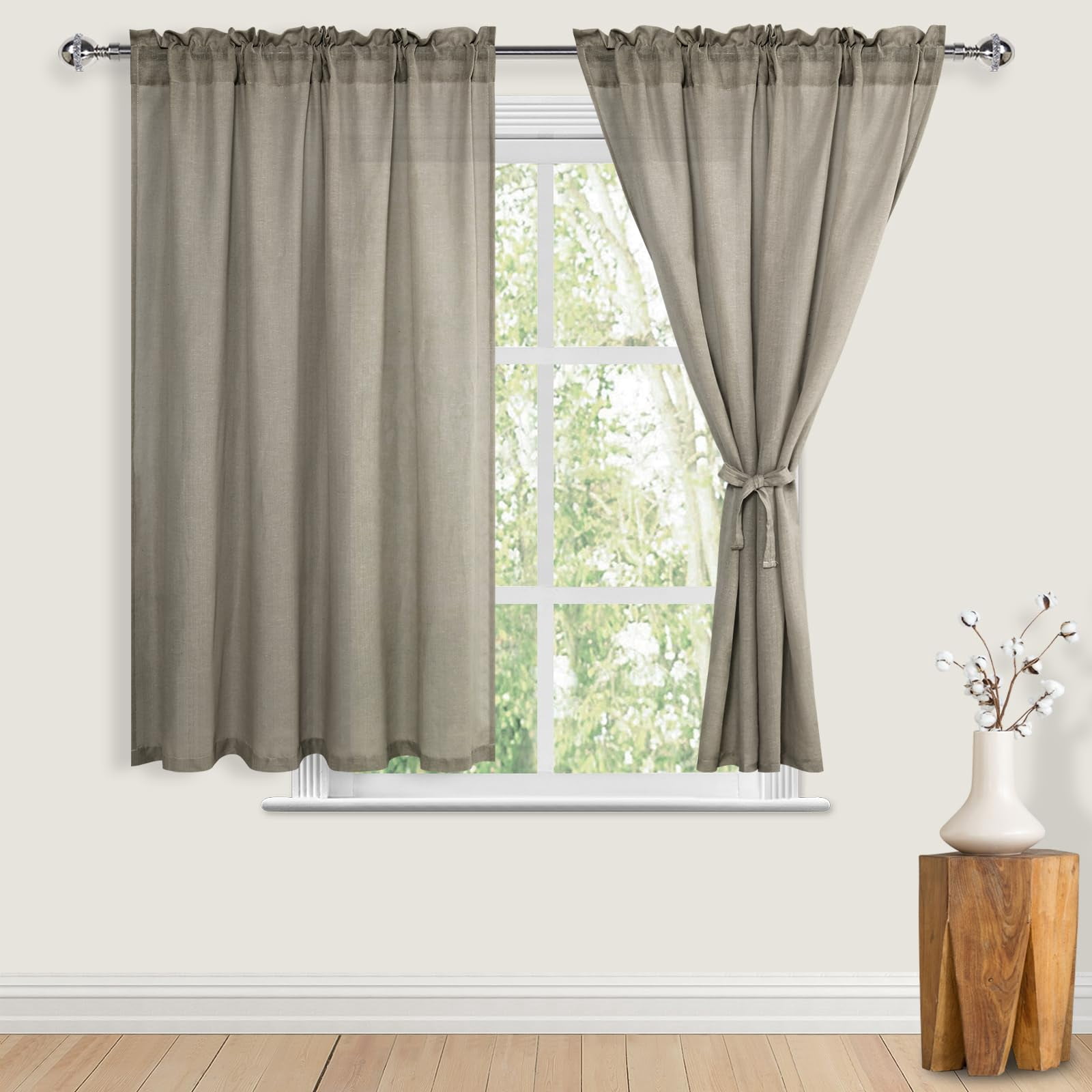 Hiasan Taupe Rod Pocket Linen Sheer Curtains With Tiebacks, Textured ...