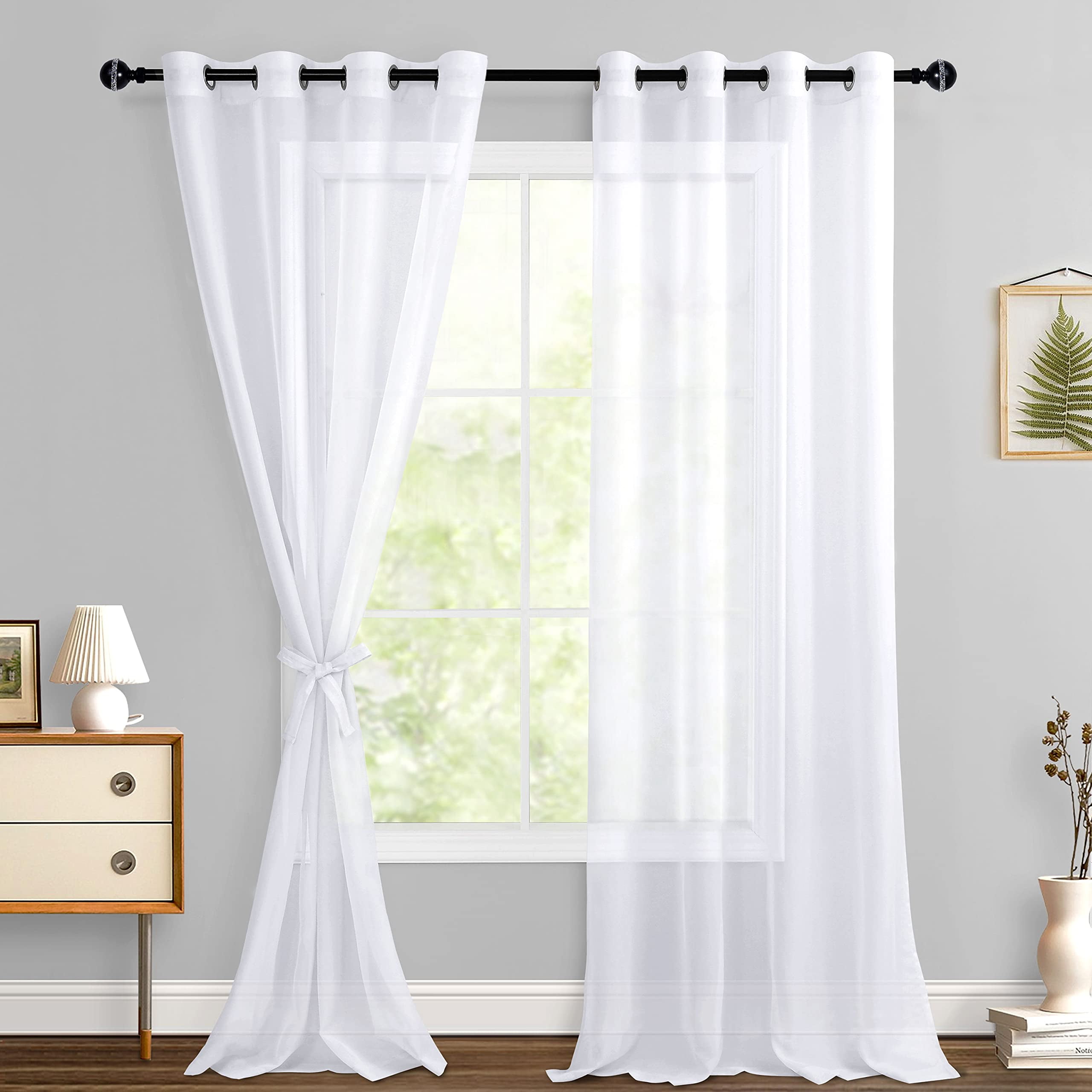 Hiasan White Sheer Curtains with Tiebacks-Light Filtering Contemporary ...