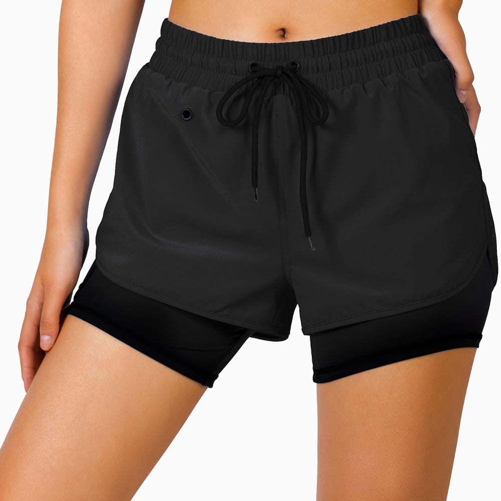 Hiauspor Athletic Running Shorts for Women Quick Dry with Pocket Gym Yoga Workout Black M ...