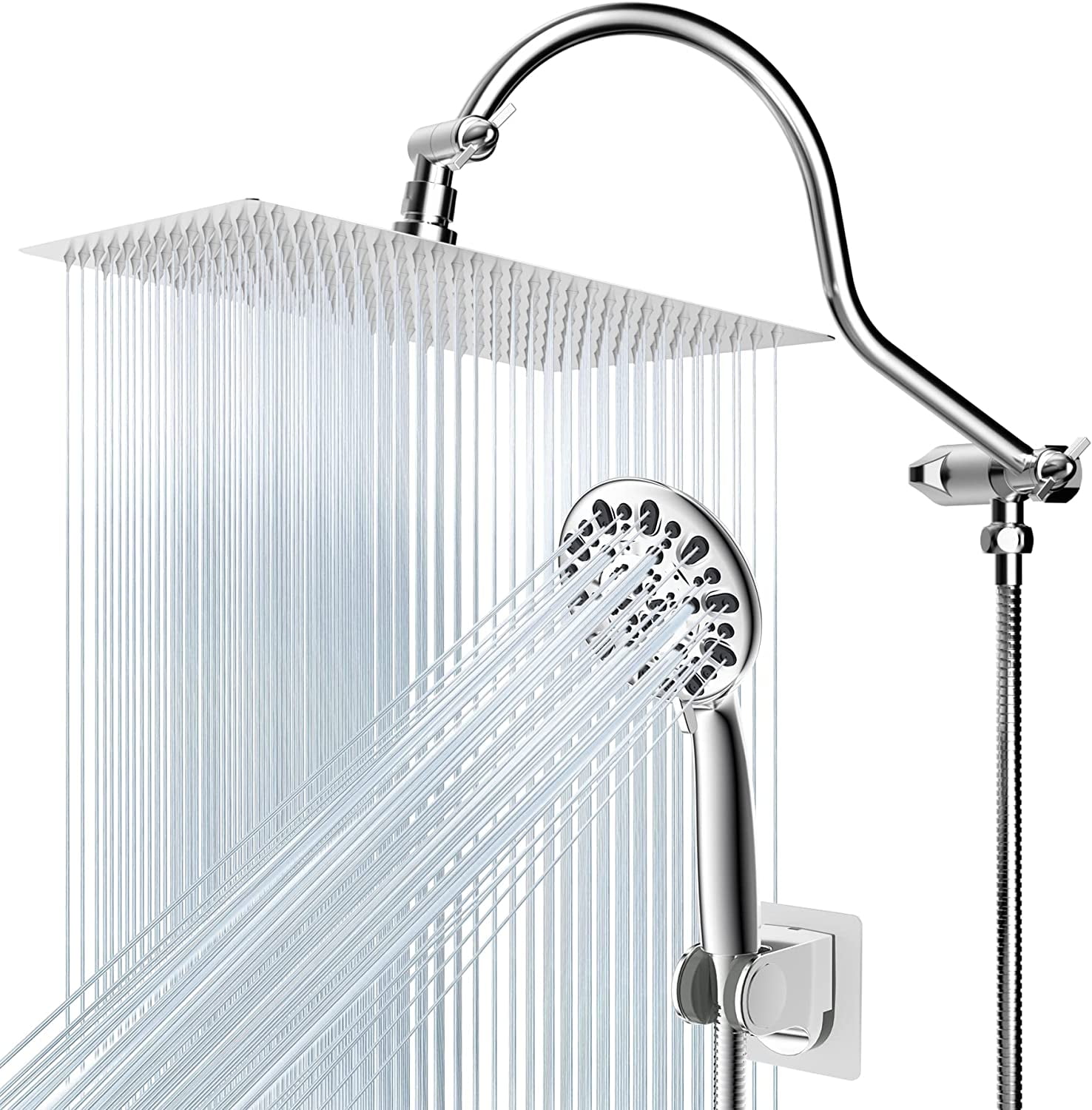 Hibbent 12-Inch High Pressure Rainfall Shower Head, Handheld Combo, Adjustable Arm, Chrome ...