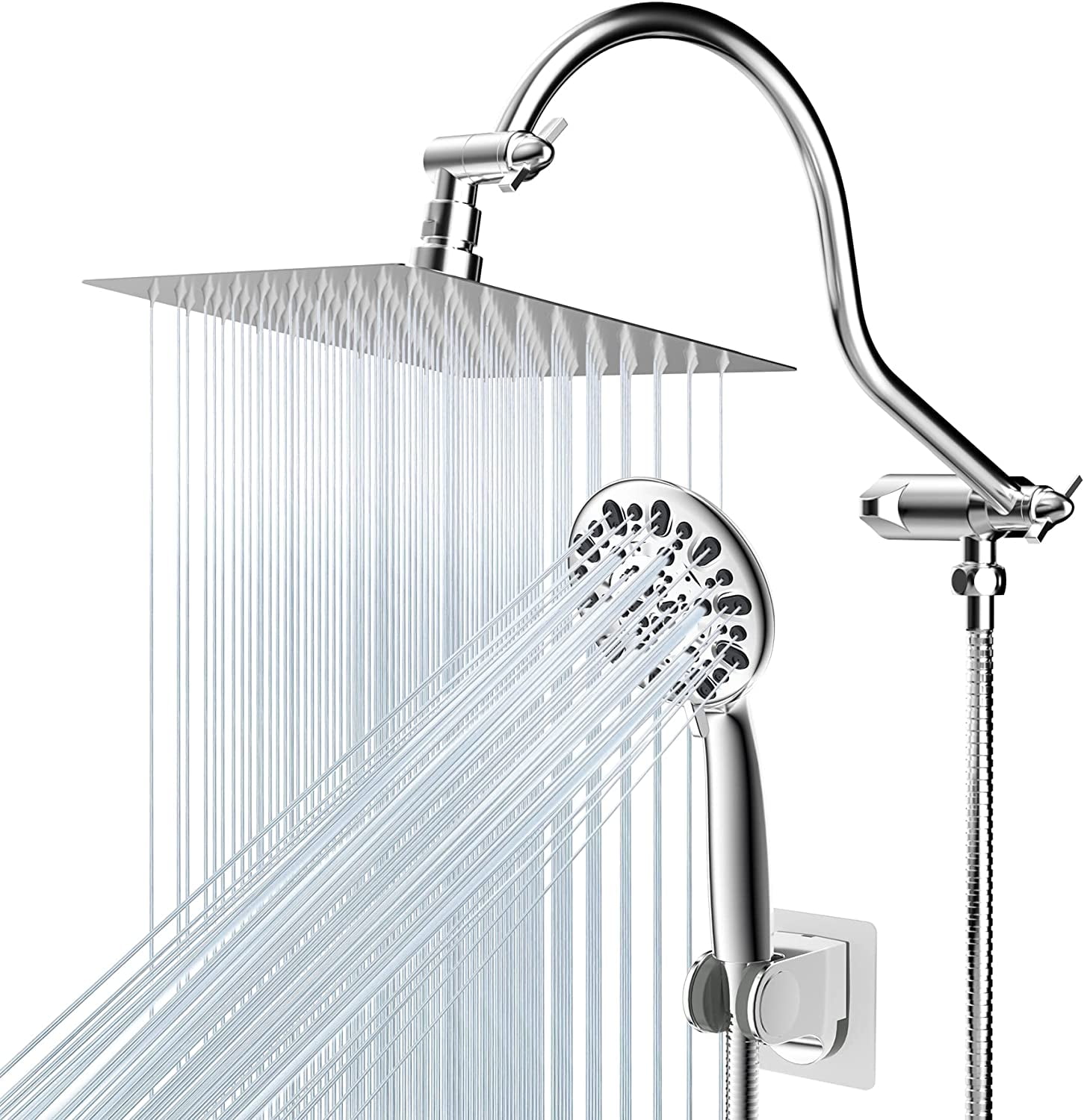 Hibbent Metal Shower Head - 8-Inch High Pressure, Handheld Combo with 12-Inch Extension Arm, 7 ...