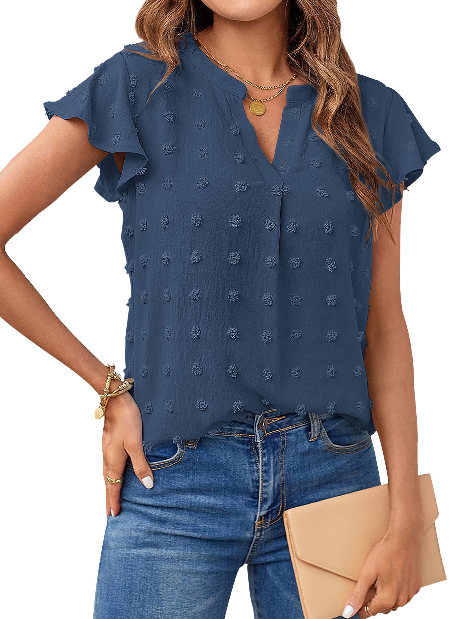 Hibeli Blouses for Women Dressy V Neck Ruffle Sleeve Summer Tops Casual ...