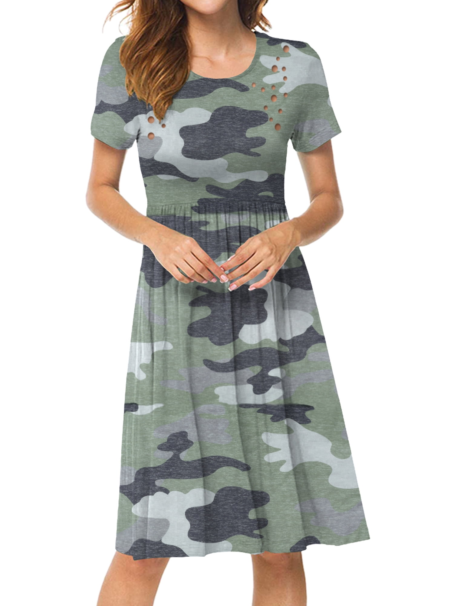 Hibeli Women Camouflage Printed Cut-out A-line Dresses Short Sleeves ...