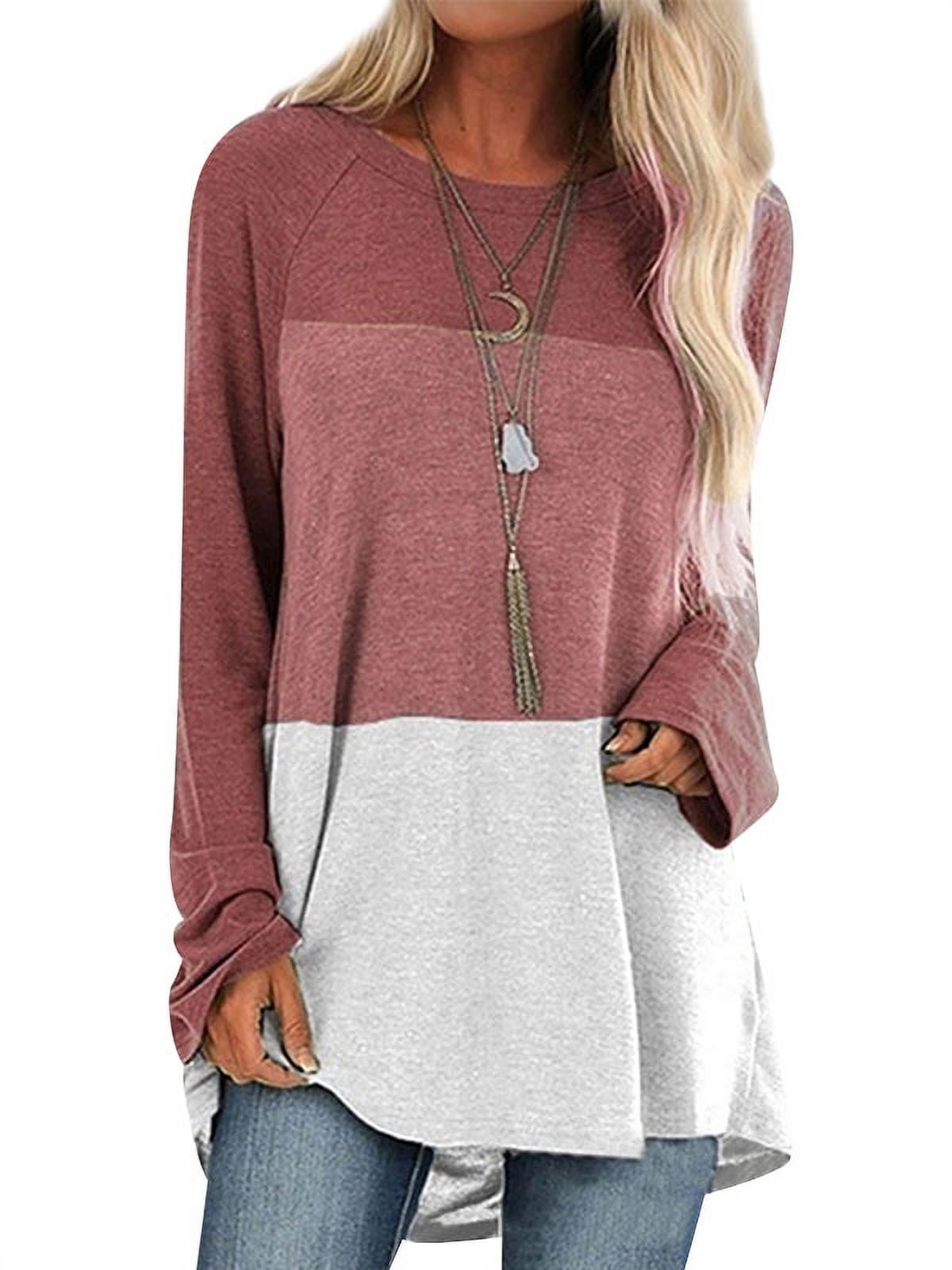 Women Colorblock Crew Neck Long Sleeve Scoop Hem Top - Walmart.com