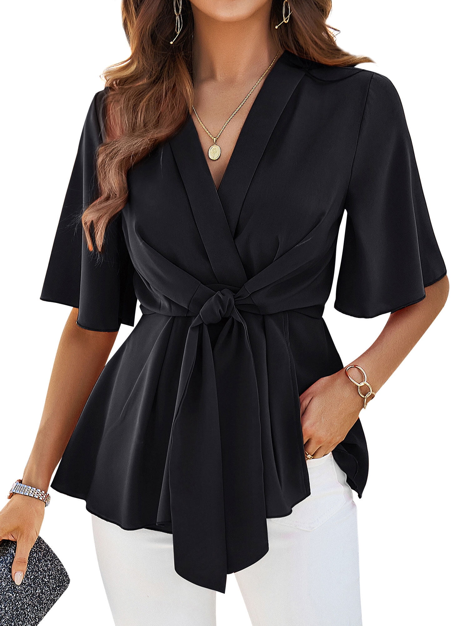 Hibeli Women Cross V Neck Short Sleeve Tie Waist Solid Color Pullover ...