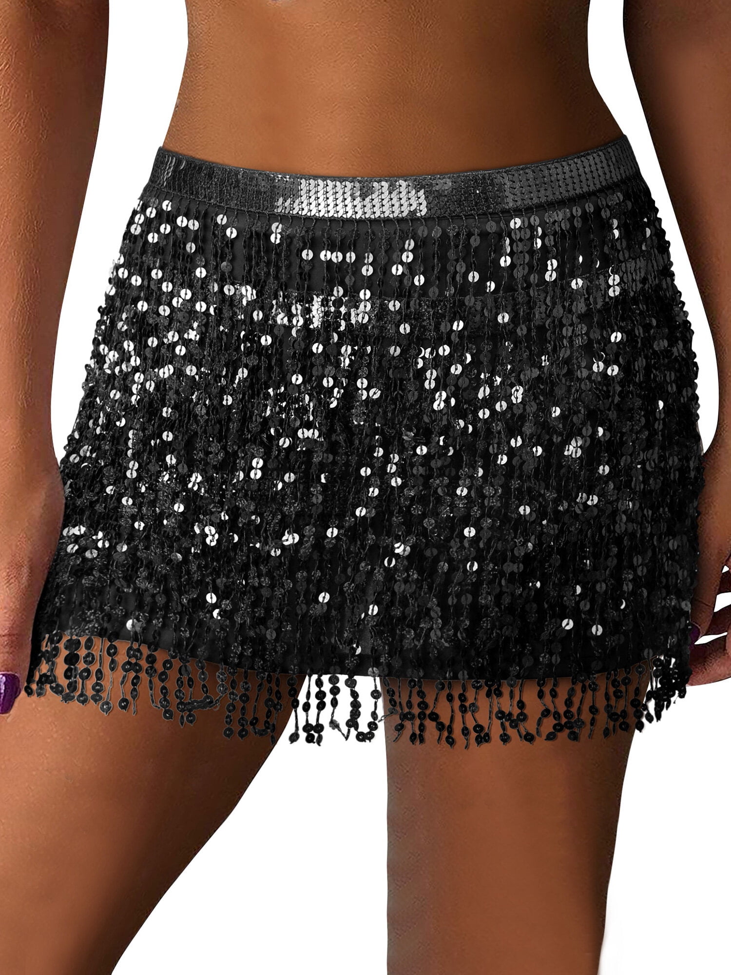 Hibeli Women Glitter Sequin Fringed High Waisted Sparkly Disco Party ...