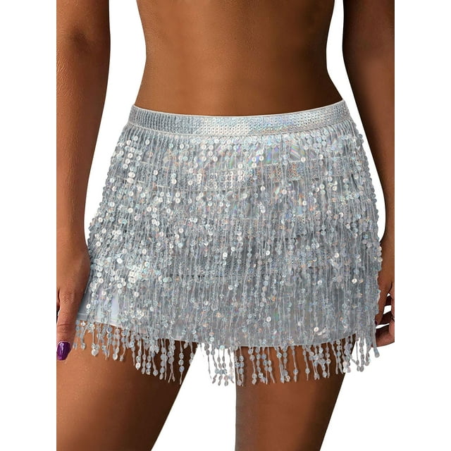 Hibeli Women Glitter Sequin Fringed High Waisted Sparkly Disco Party ...