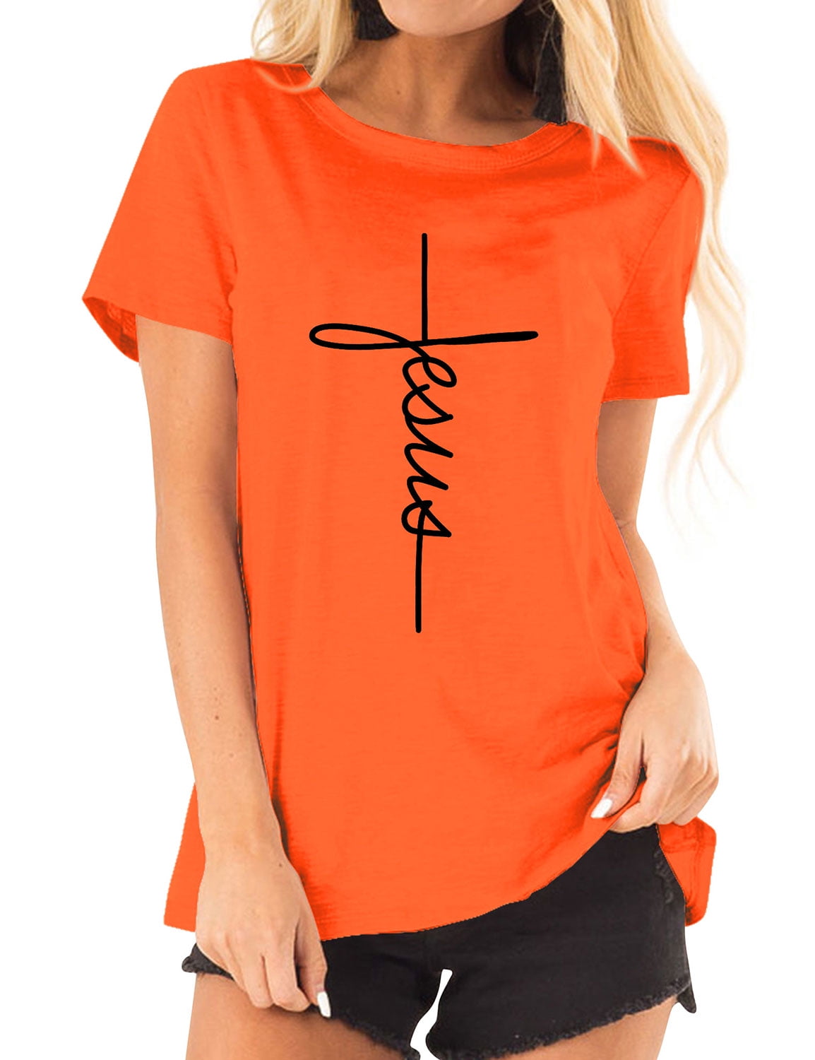 Hibeli Women Jesus Letter Print Cross Prints T-Shirt Contrast Color ...