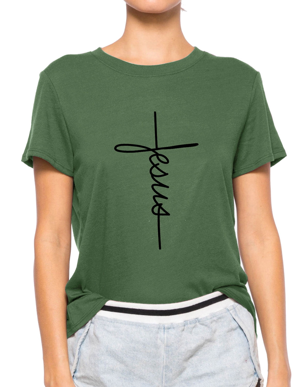 Hibeli Women Jesus Letter Print Cross Prints T-Shirt Contrast Color ...