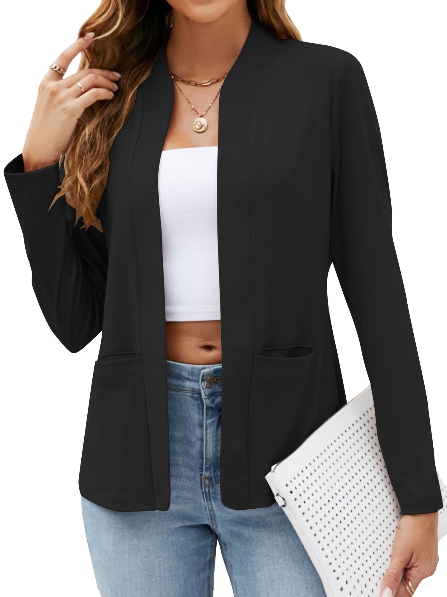 Hibeli Women Open Front Long Sleeve Pockets Lightweight Solid Color ...