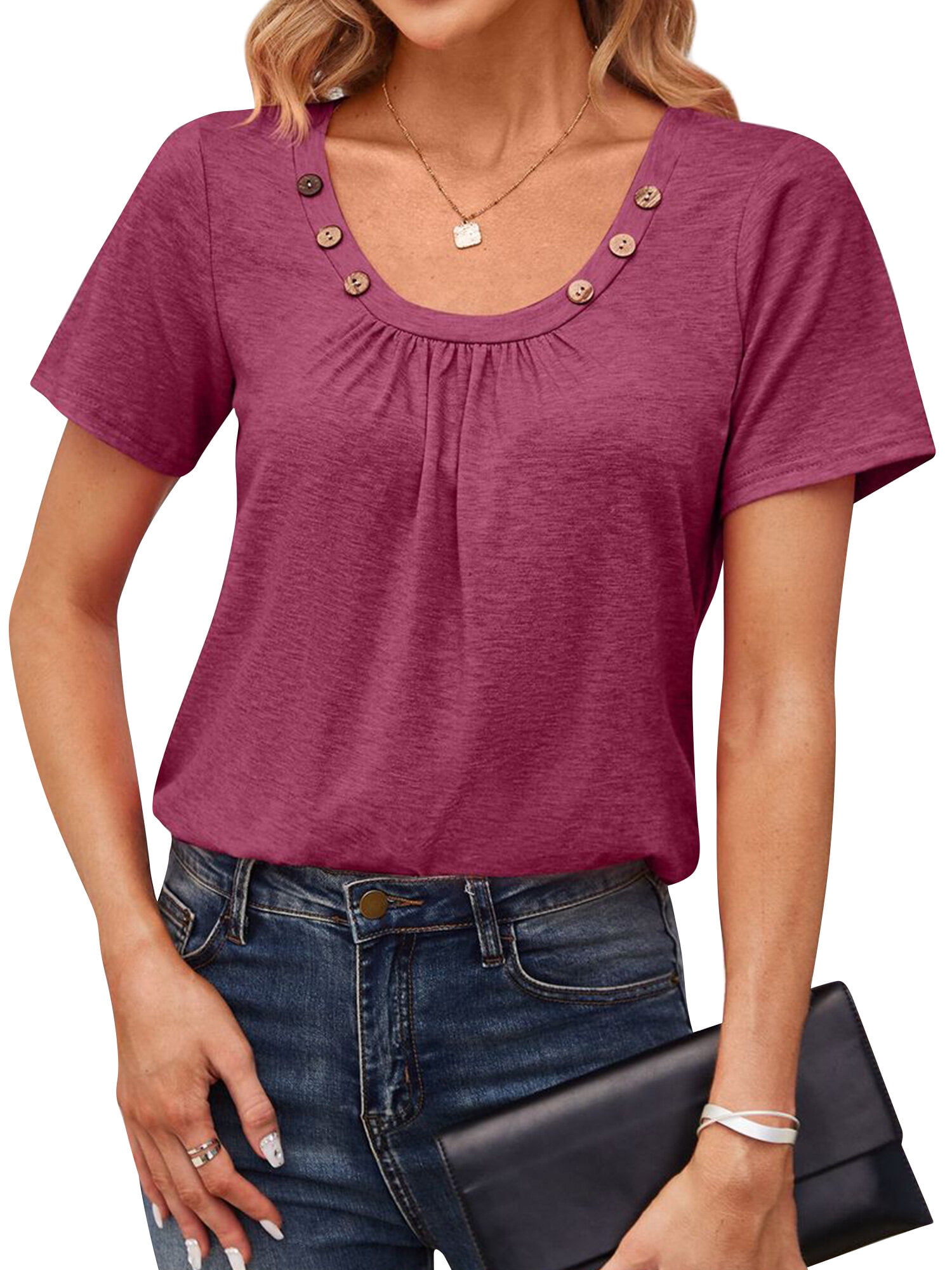 Hibeli Women Pleated Round Neck Buttons Short Sleeve Solid Color T ...