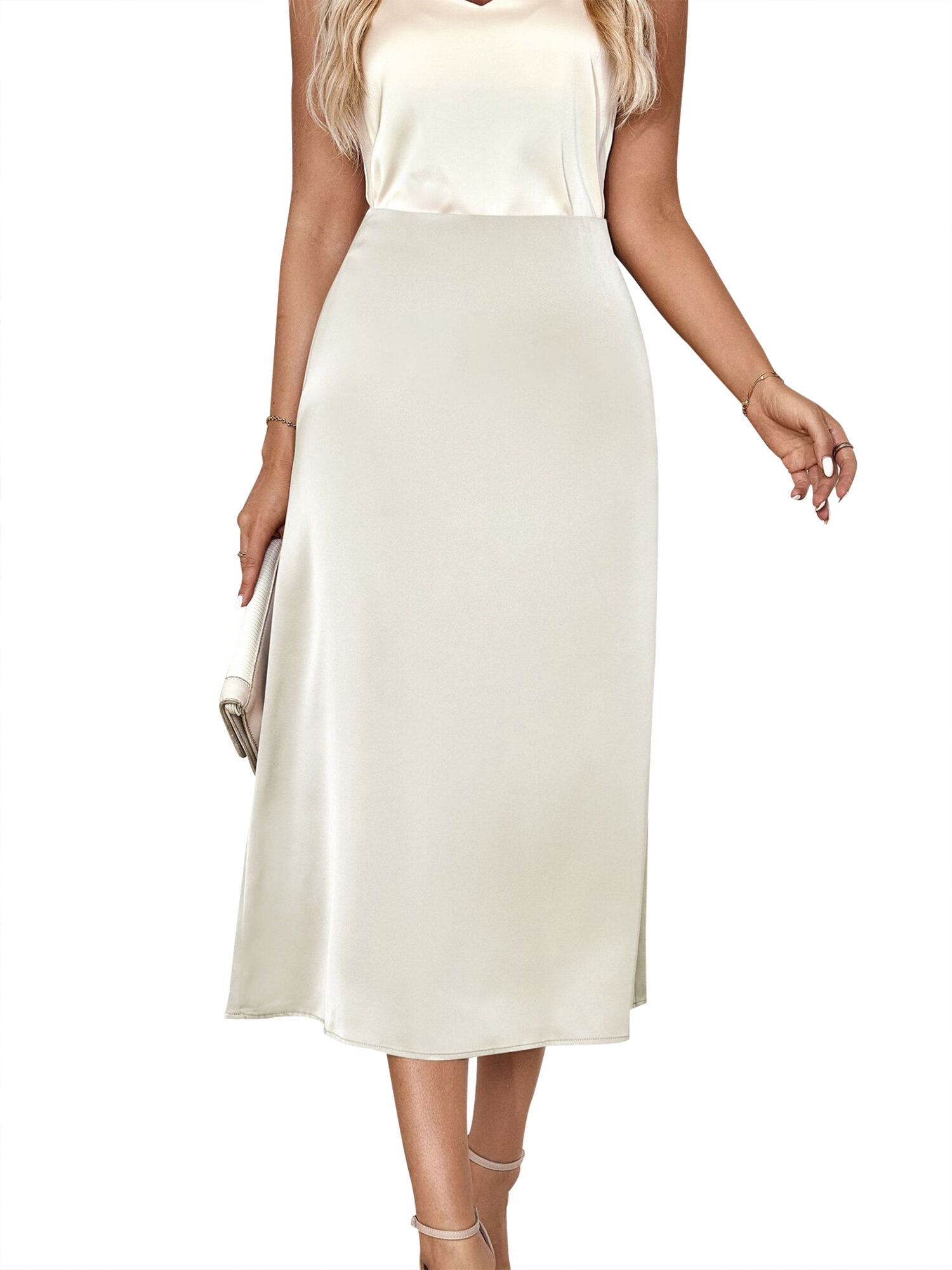 Hibeli Women Satin High Waisted Zippered Solid Color A-Line Skirt ...